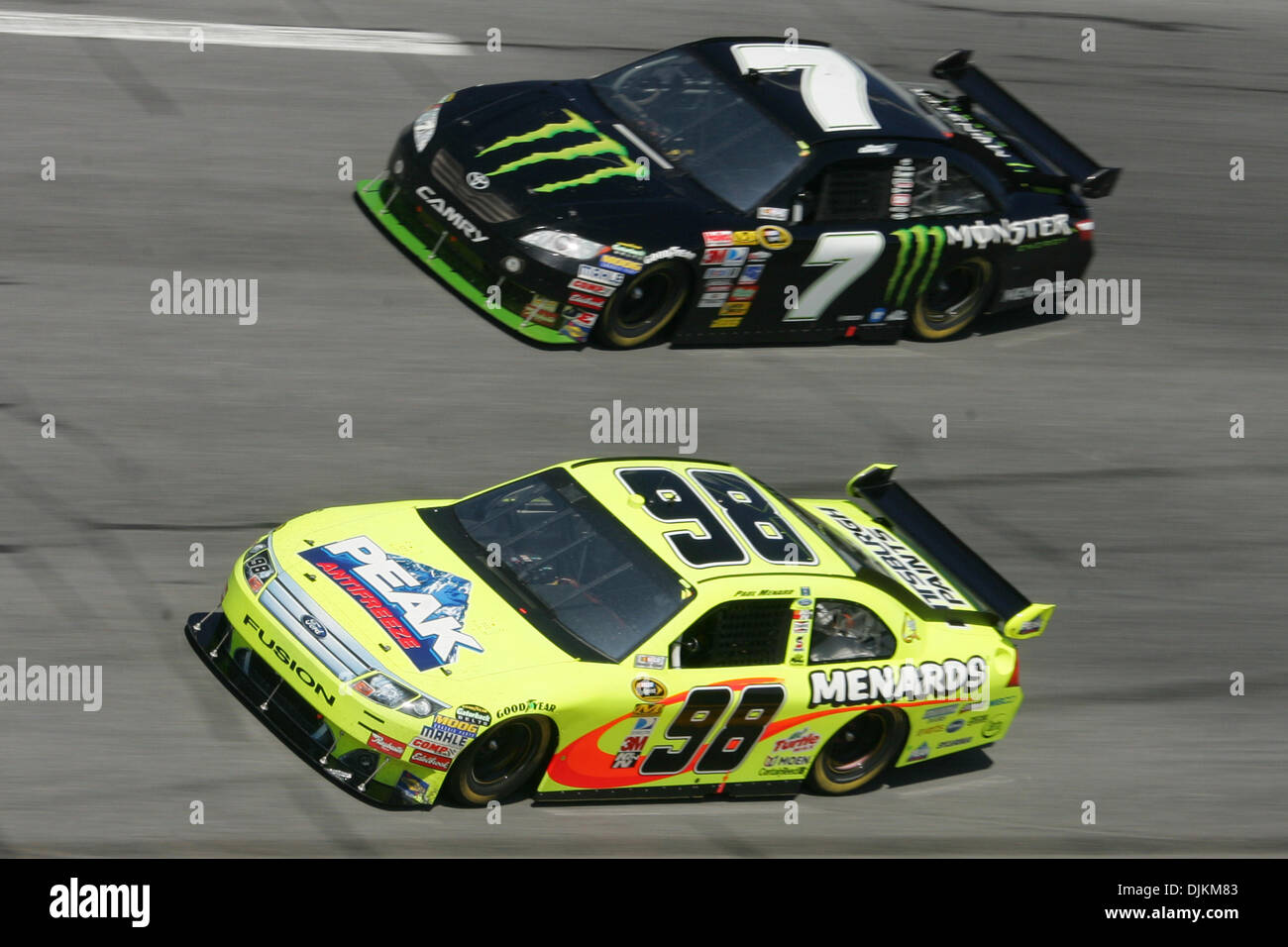 Paul Menard (98) and Robby Gordon (7) race during the Daytona 500 at ...