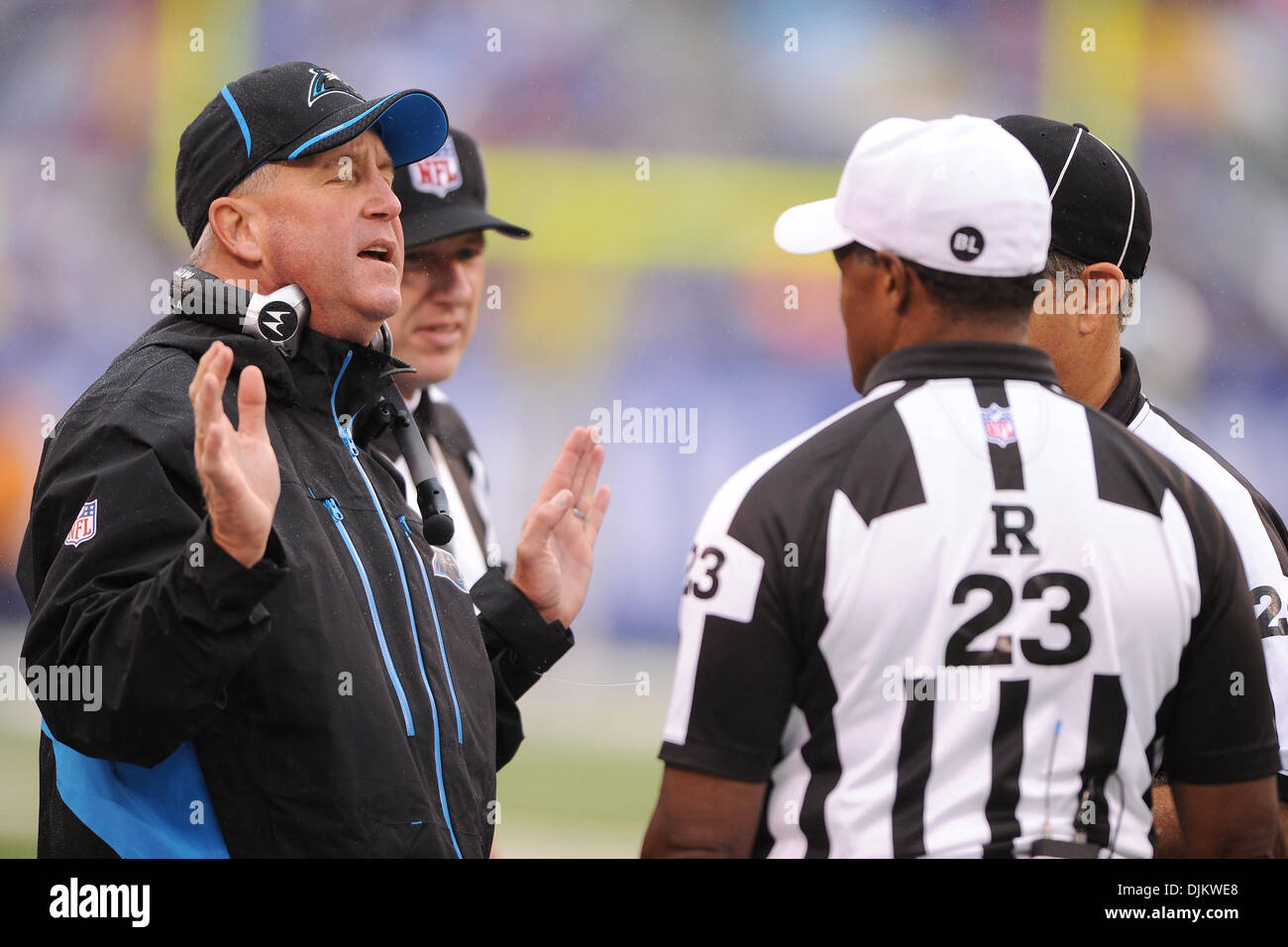 Carolina Panthers head coach John Fox discusses a play with referee ...