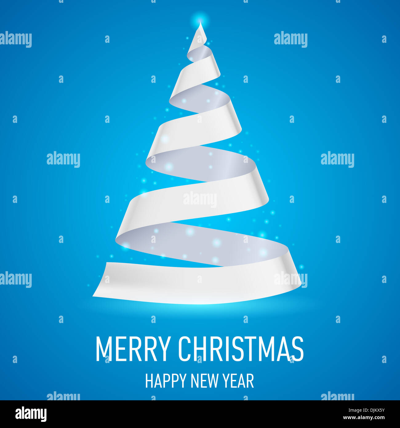 White ribbon Christmas tree on blue background. Greeting card Stock ...