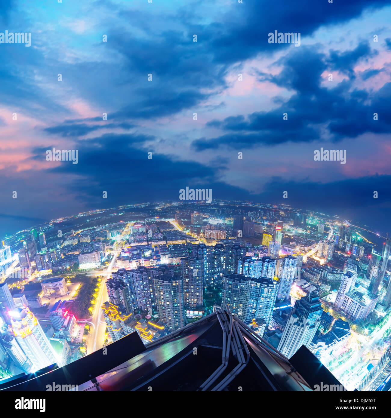 Fisheye Lens view of City skyline at night Stock Photo - Alamy