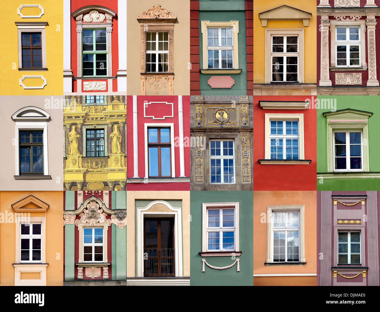 Set of windows at colorful front of building Stock Photo - Alamy