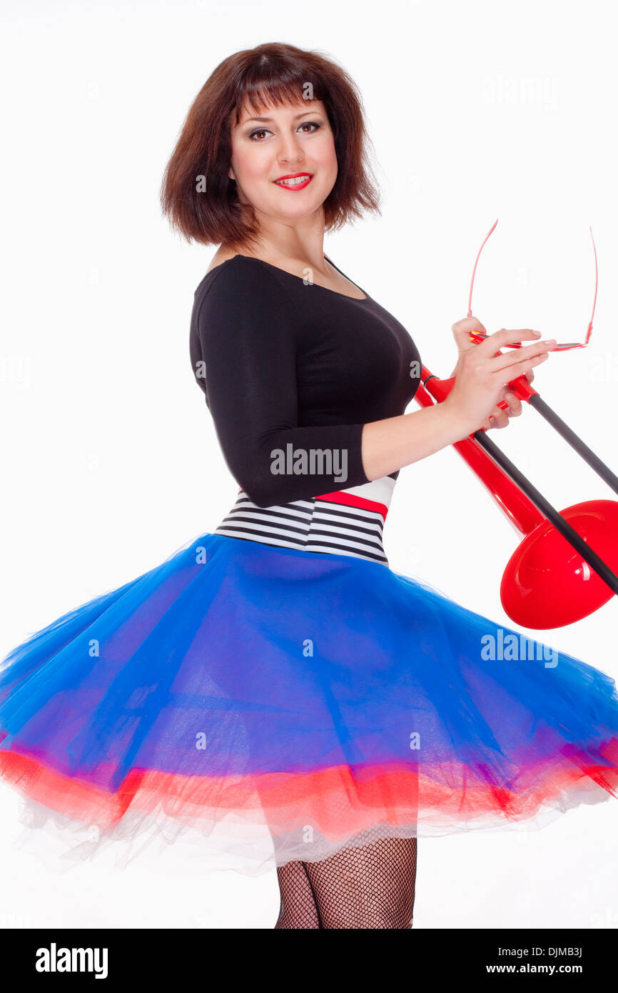 Young Female Musician with Red Trombone Dancing - Isolated on White ...