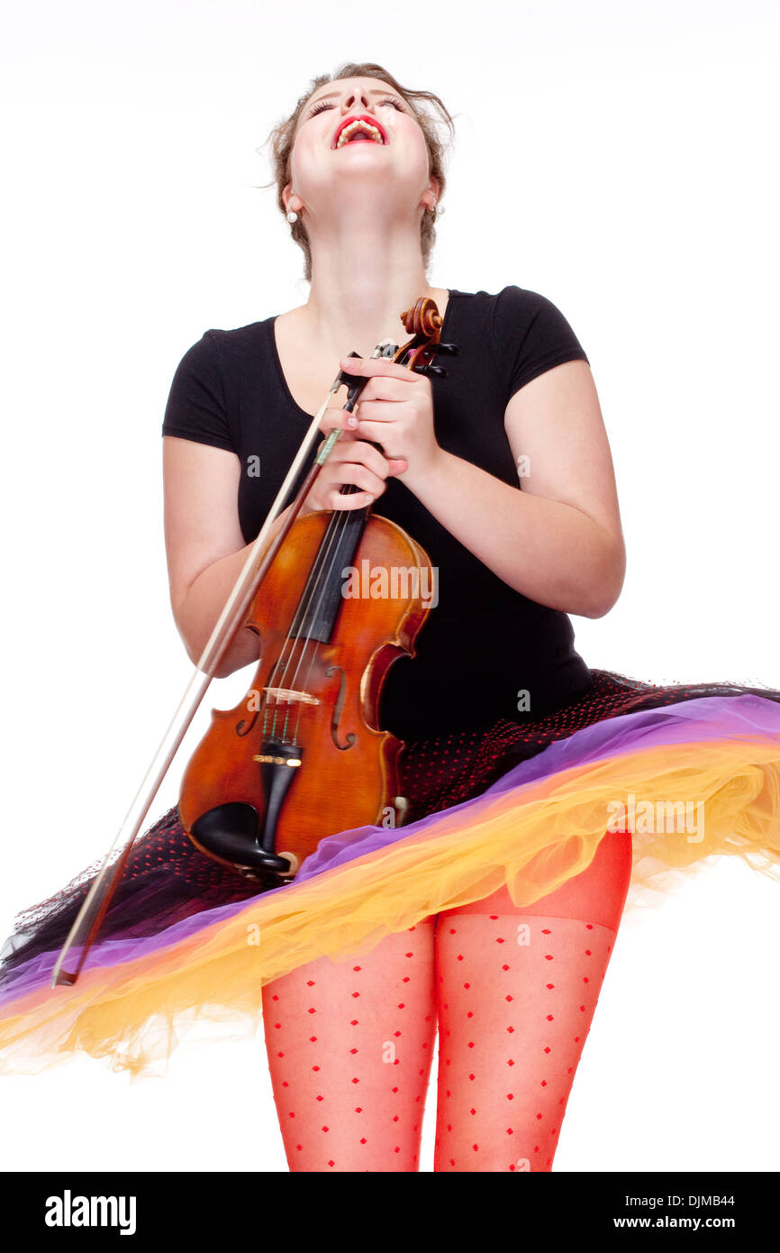 Young Female Violin Player in Colorful Skirt Dancing - Isolated on ...