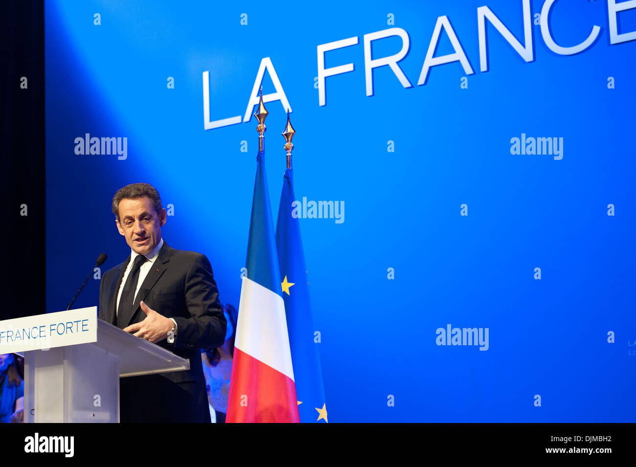 French President Nicolas Sarkozy addresses audience during a campaign ...