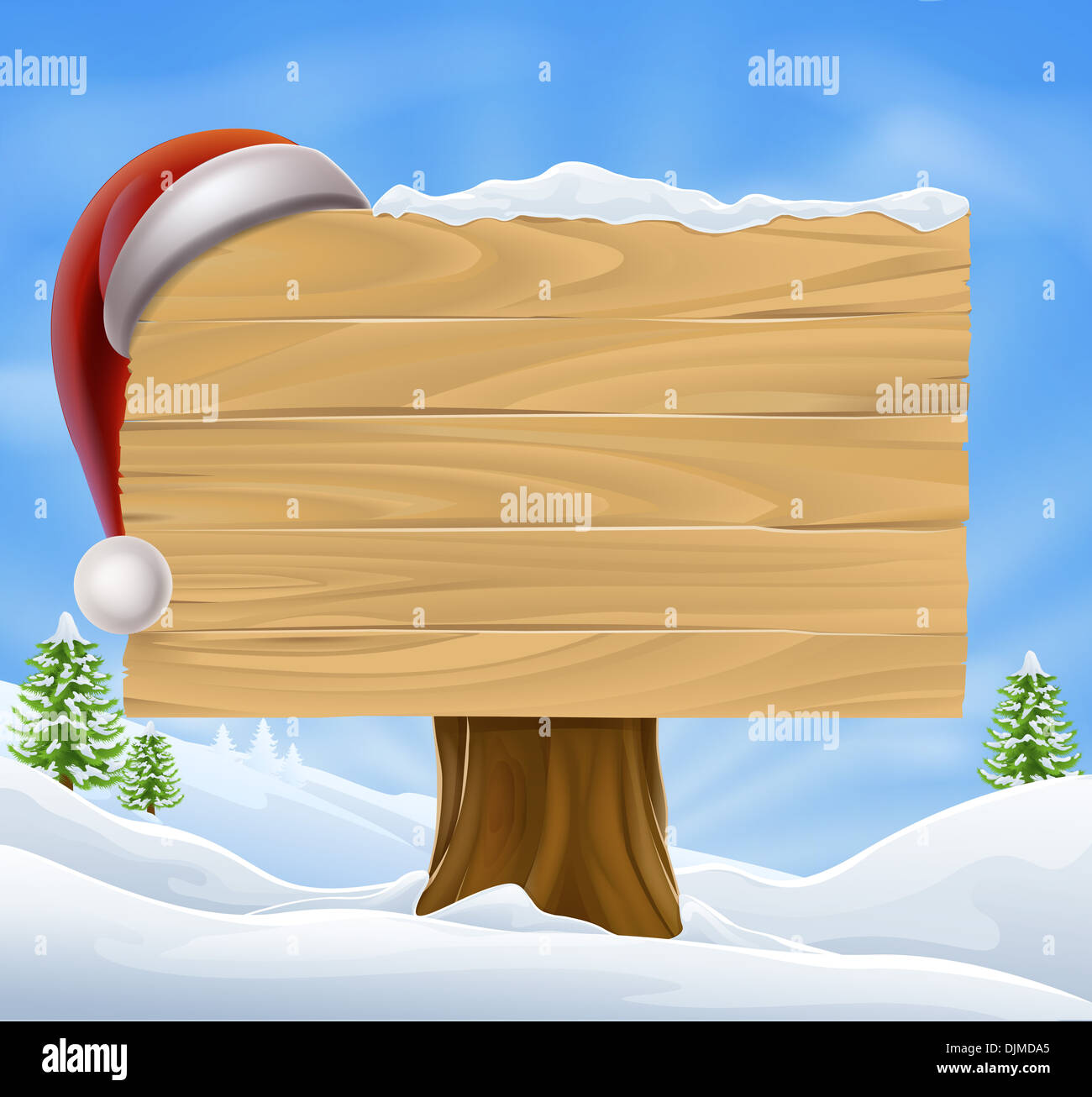 A Christmas wooden sign with a Santa Hat hanging on it in a snowy ...