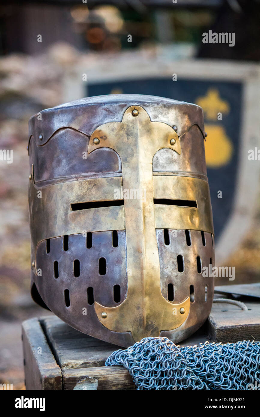 Close up view of a Medieval Knight Great Helmet Stock Photo - Alamy
