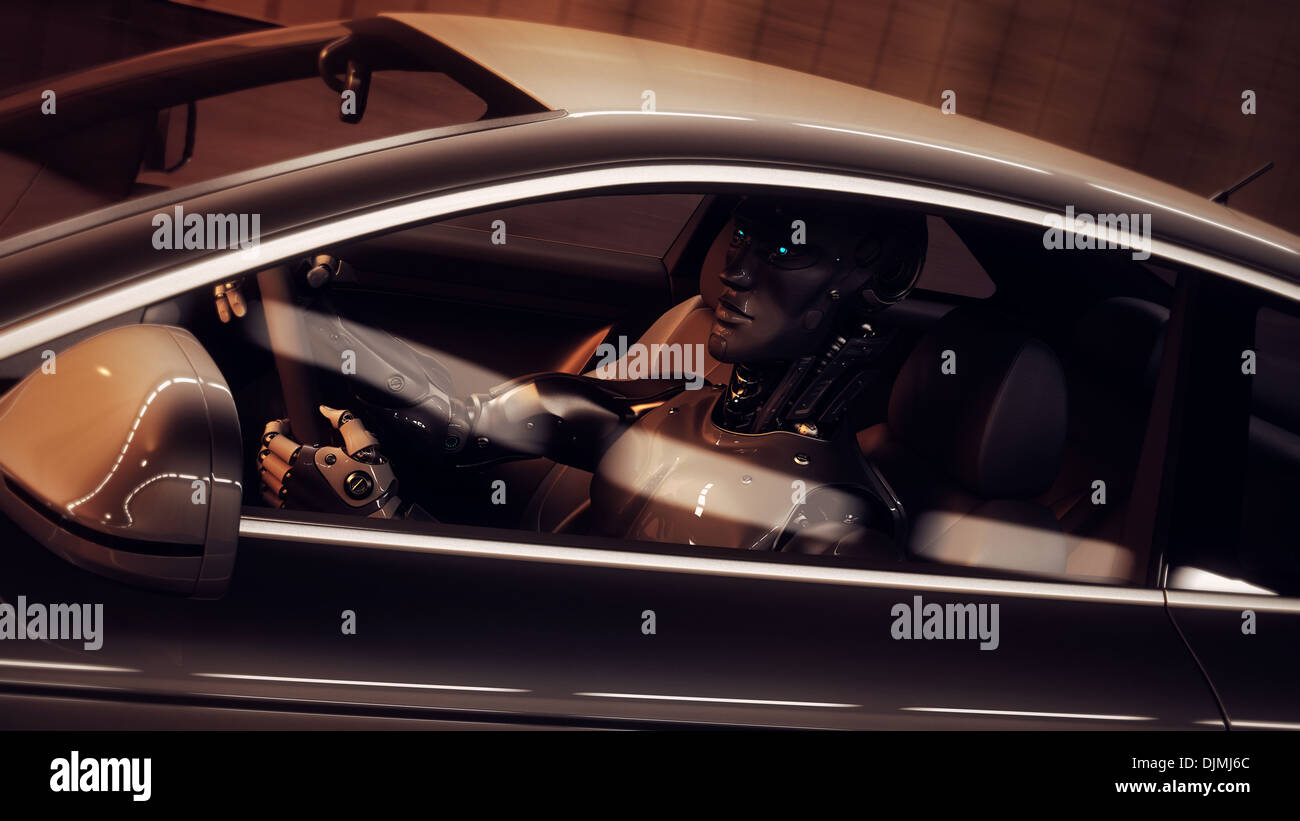 Cyber man in the car driving, holds the wheel of a car. Robot driving ...