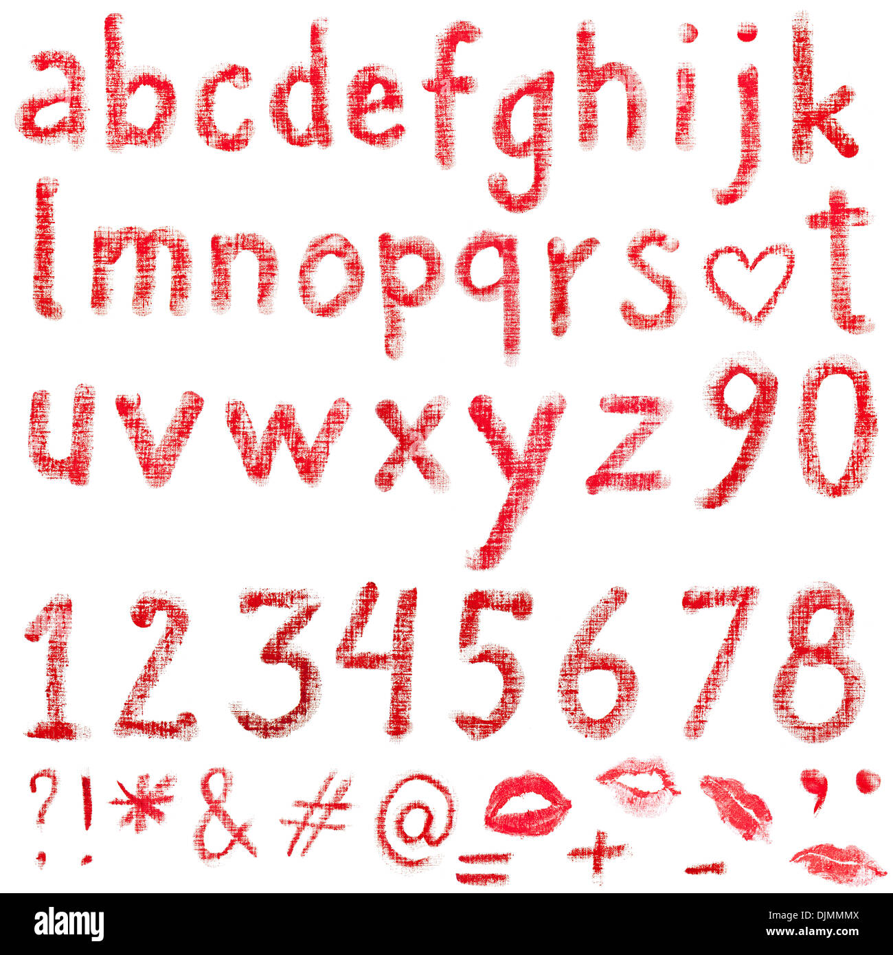 Red, lowercase lipstick alphabet made of capital letters. Whole ...