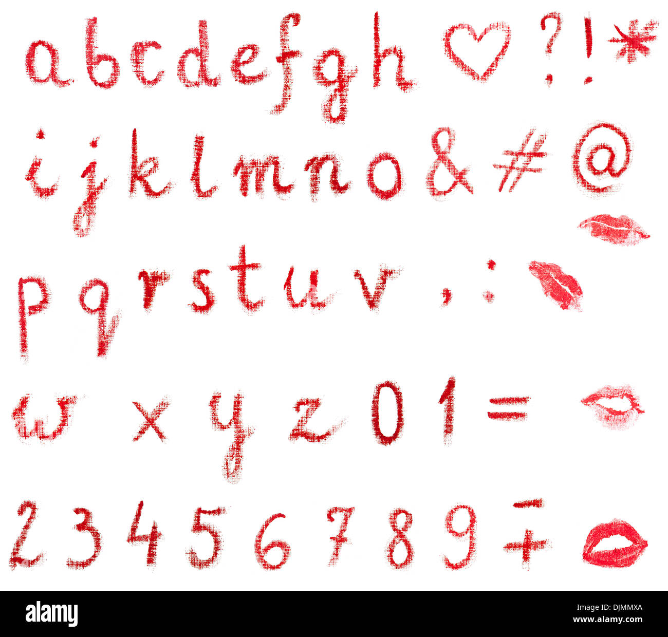 Red, lowercase lipstick alphabet made of written letters. Whole ...