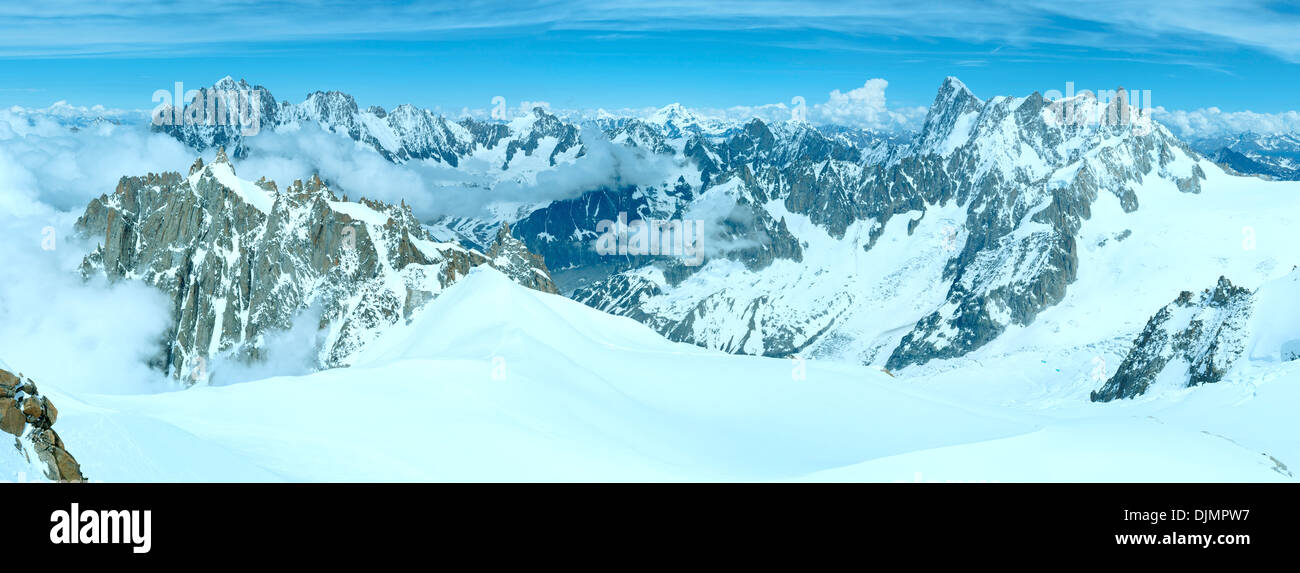Mont Blanc mountain massif summer panorama (view from Aiguille du Midi Mount, France Stock Photo ...