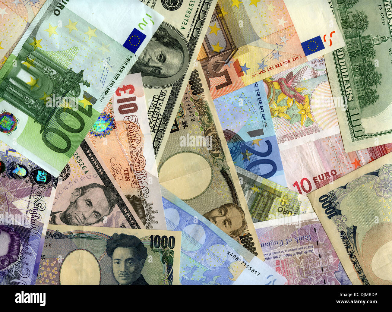 Hard currency banknotes background (US dollar, Euro, Japanese yen, UK ...