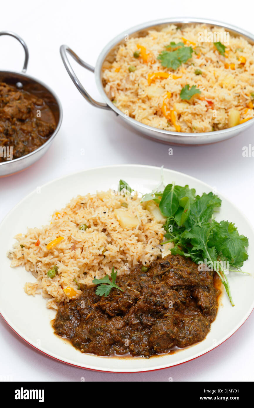 Methi gosht or fenugreek lamb, served with tomato (thakkali) biryani ...