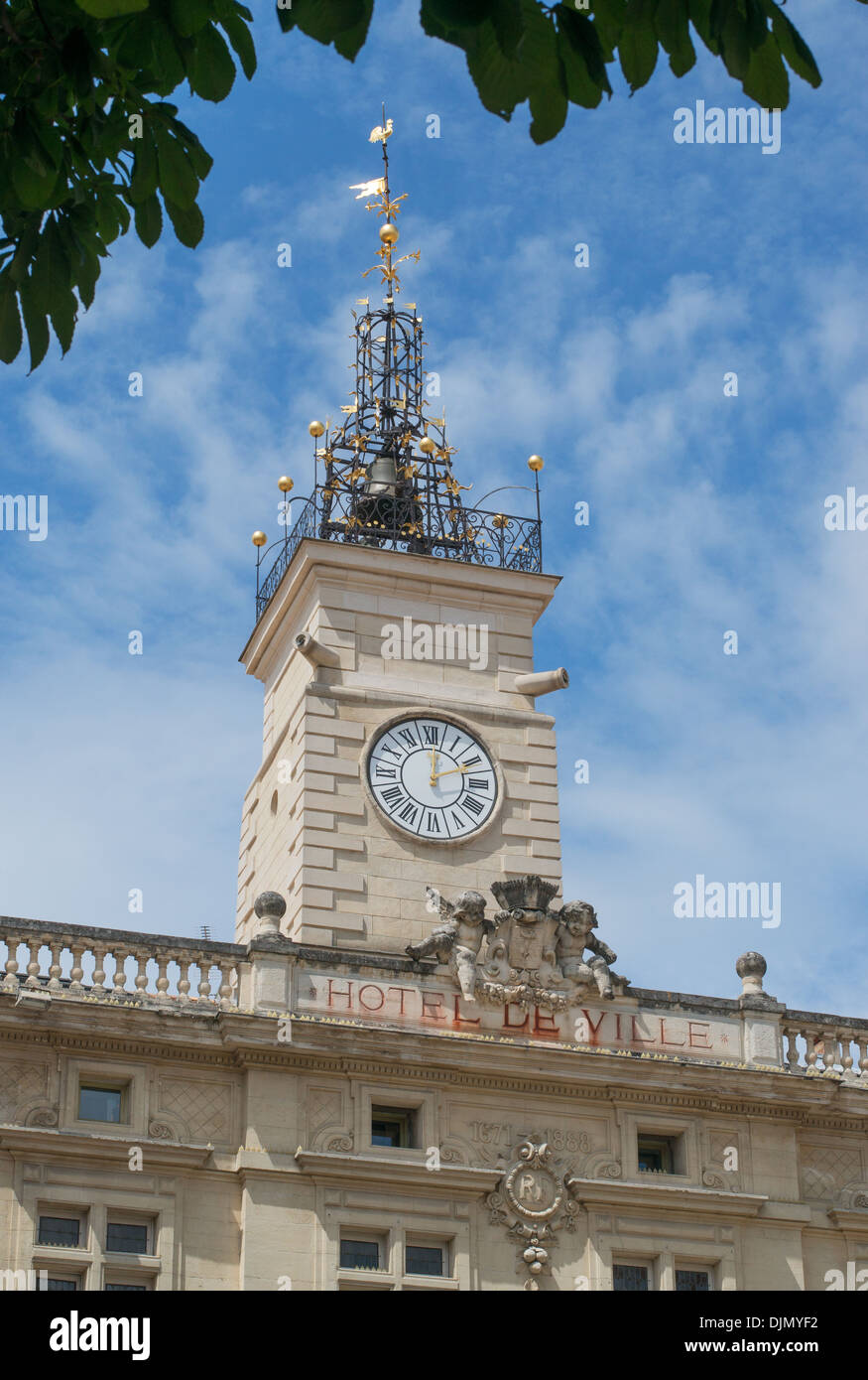 The clock and bell tower of the town hall or Hôtel de ville d'Orange ...