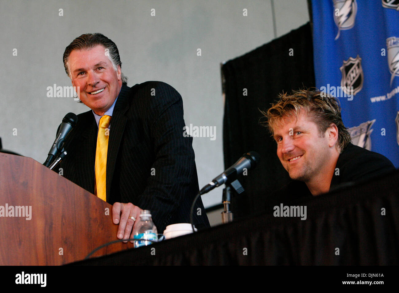Tampa 6/24/08)--2) Barry Melrose speaks to reporters after being ...