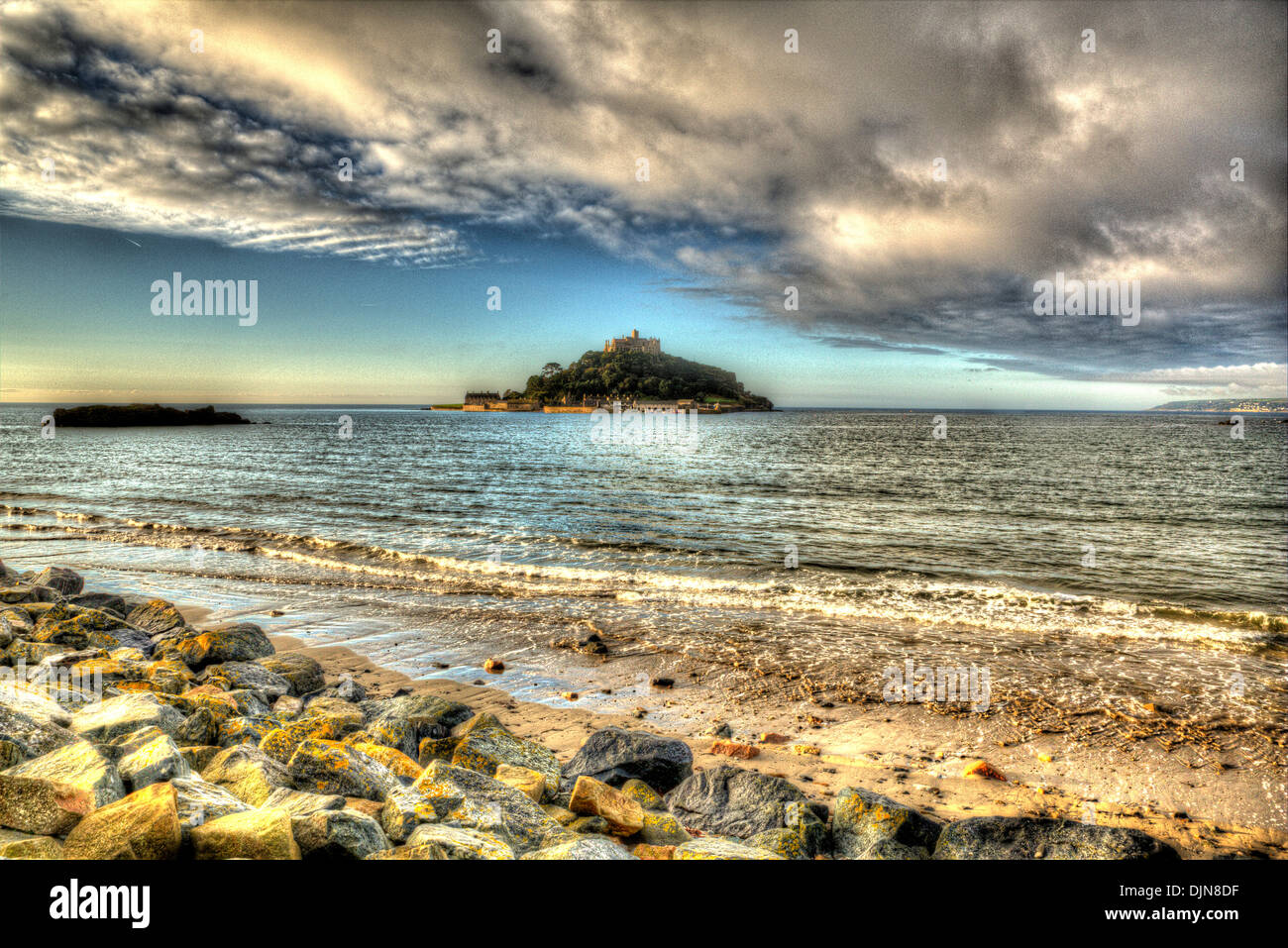 Medieval castle on island St Michaels Mount Cornwall England with vivid ...