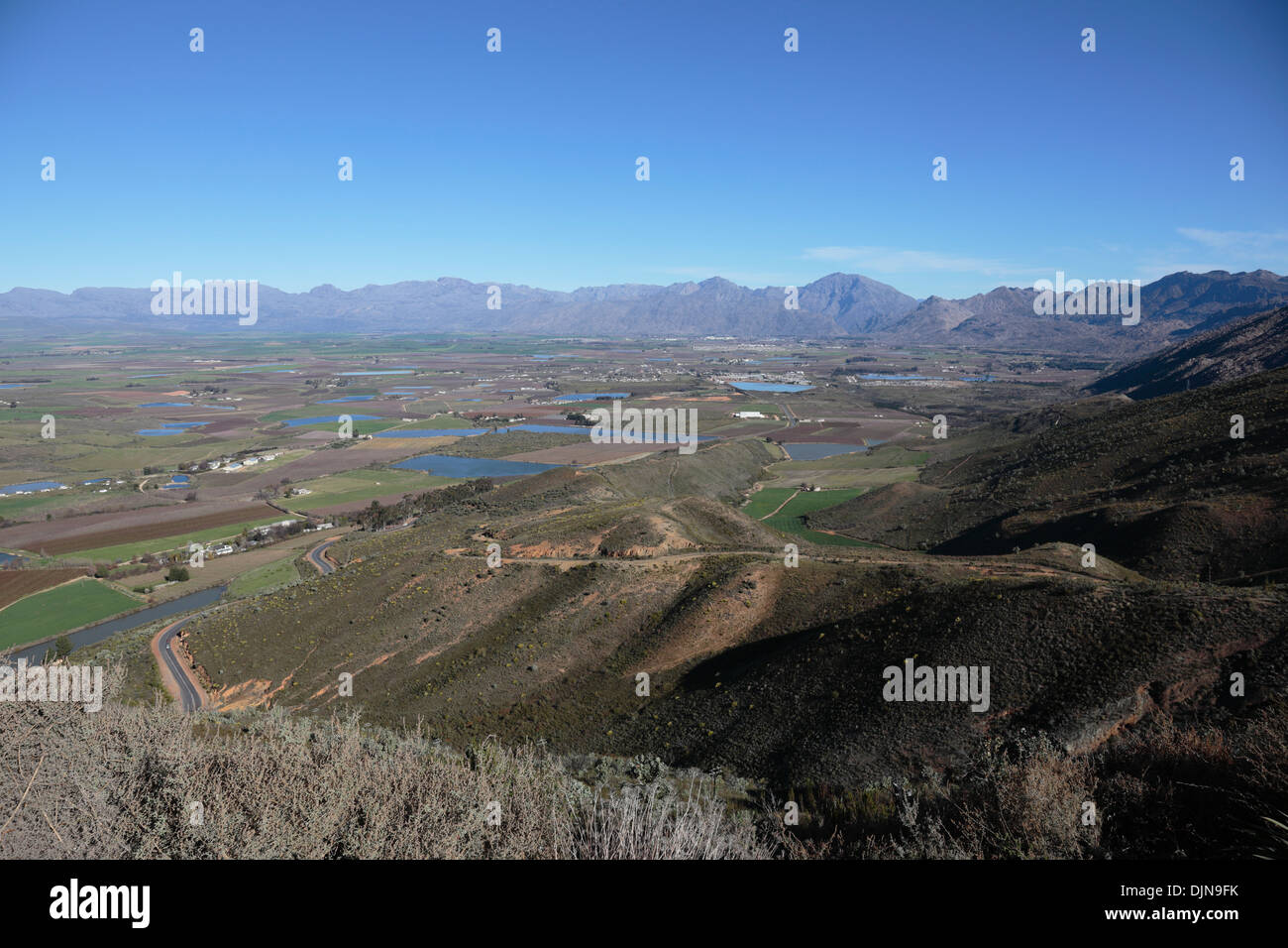 Aerial view of Ceres and surrounding farms and mountains, as viewed ...