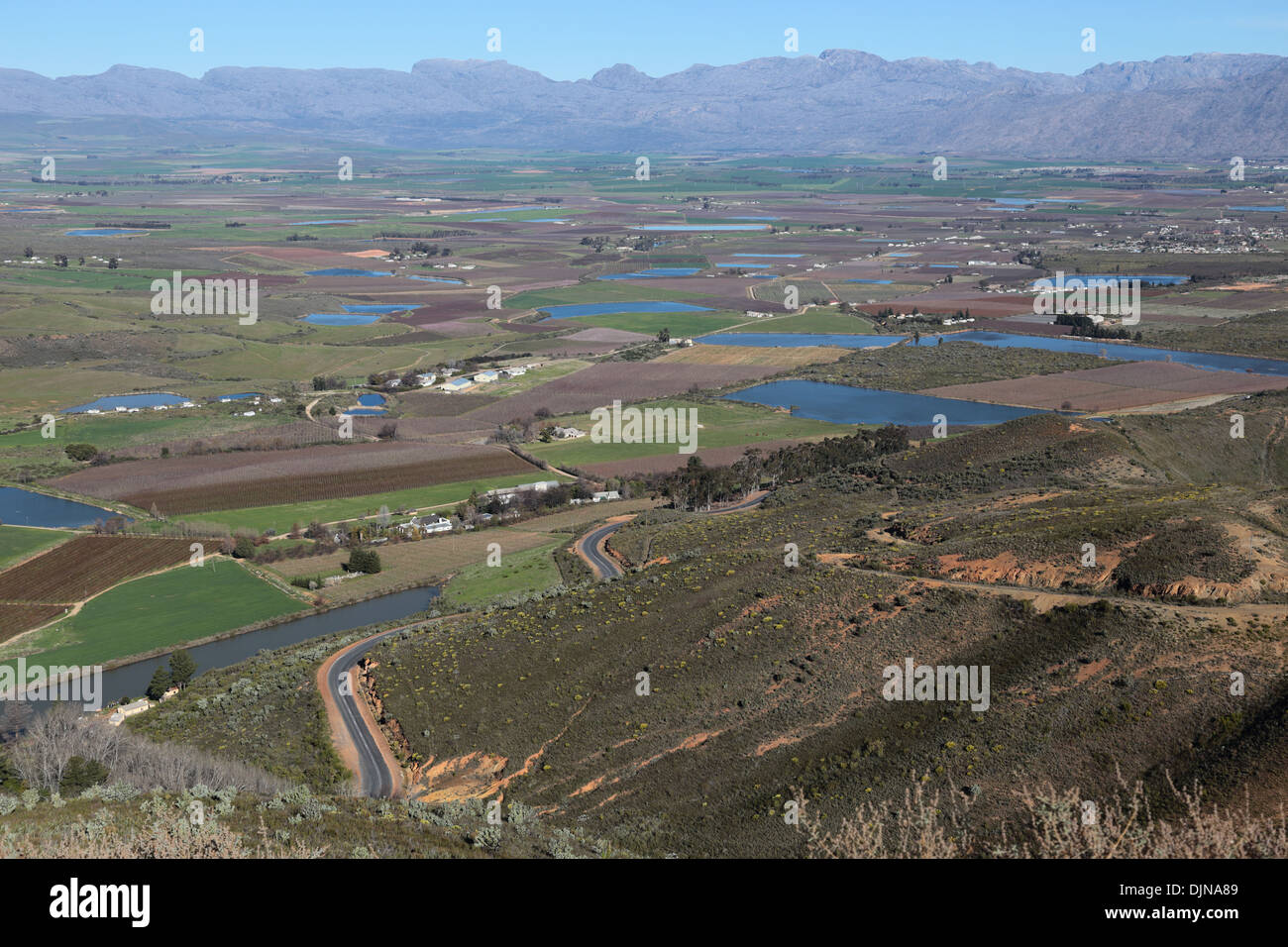 Aerial view of Ceres and surrounding farms and mountains, as viewed ...