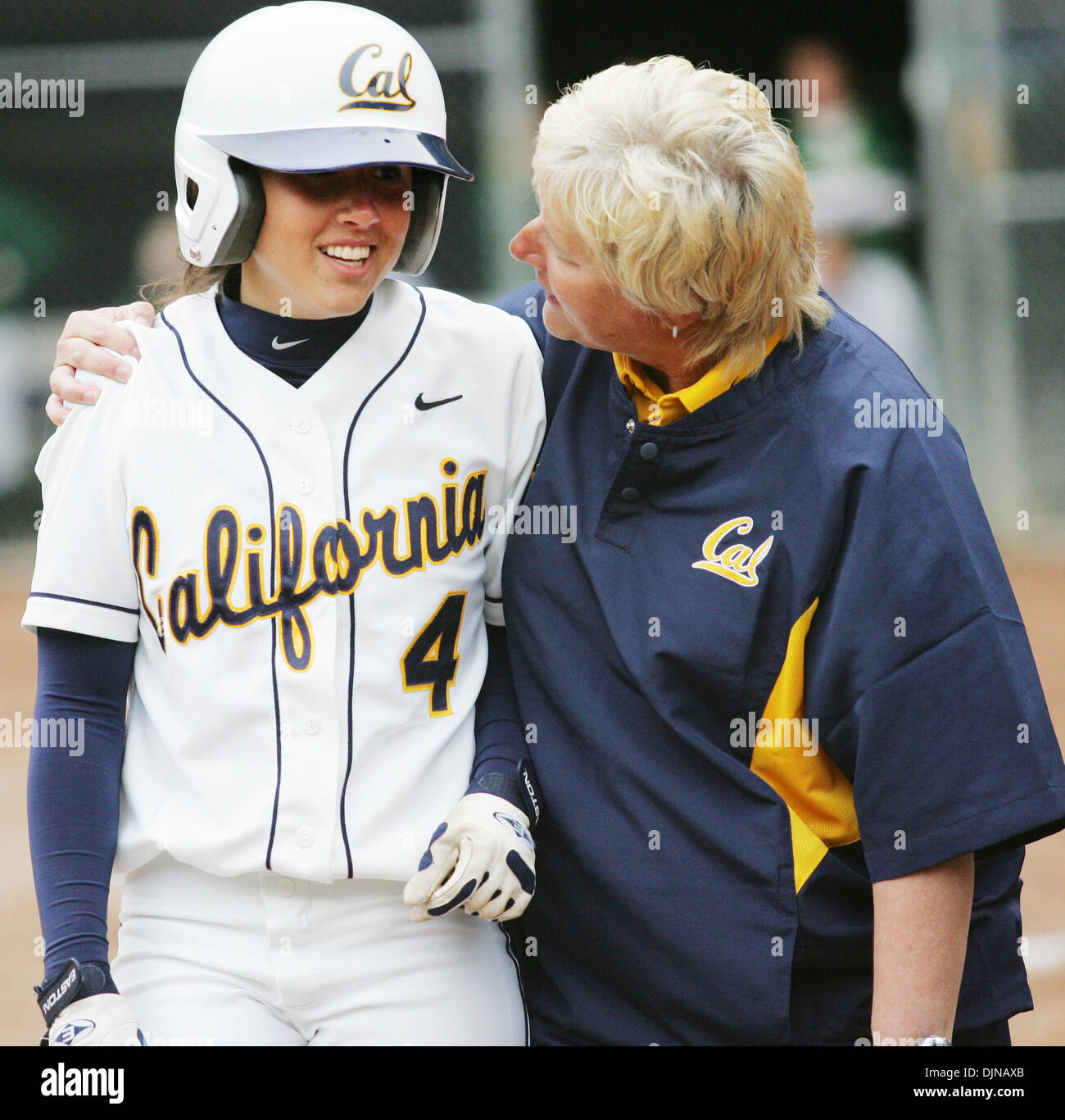 Cal's Amanda Meyer, left, gets a hug from coach Diane Ninemire Tuesday ...