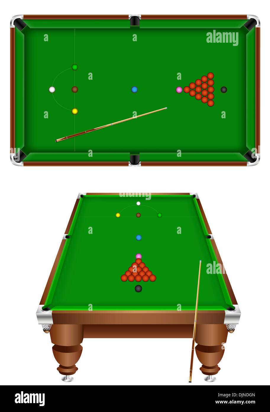 The snooker table with a cue and balls isolated on a white background ...