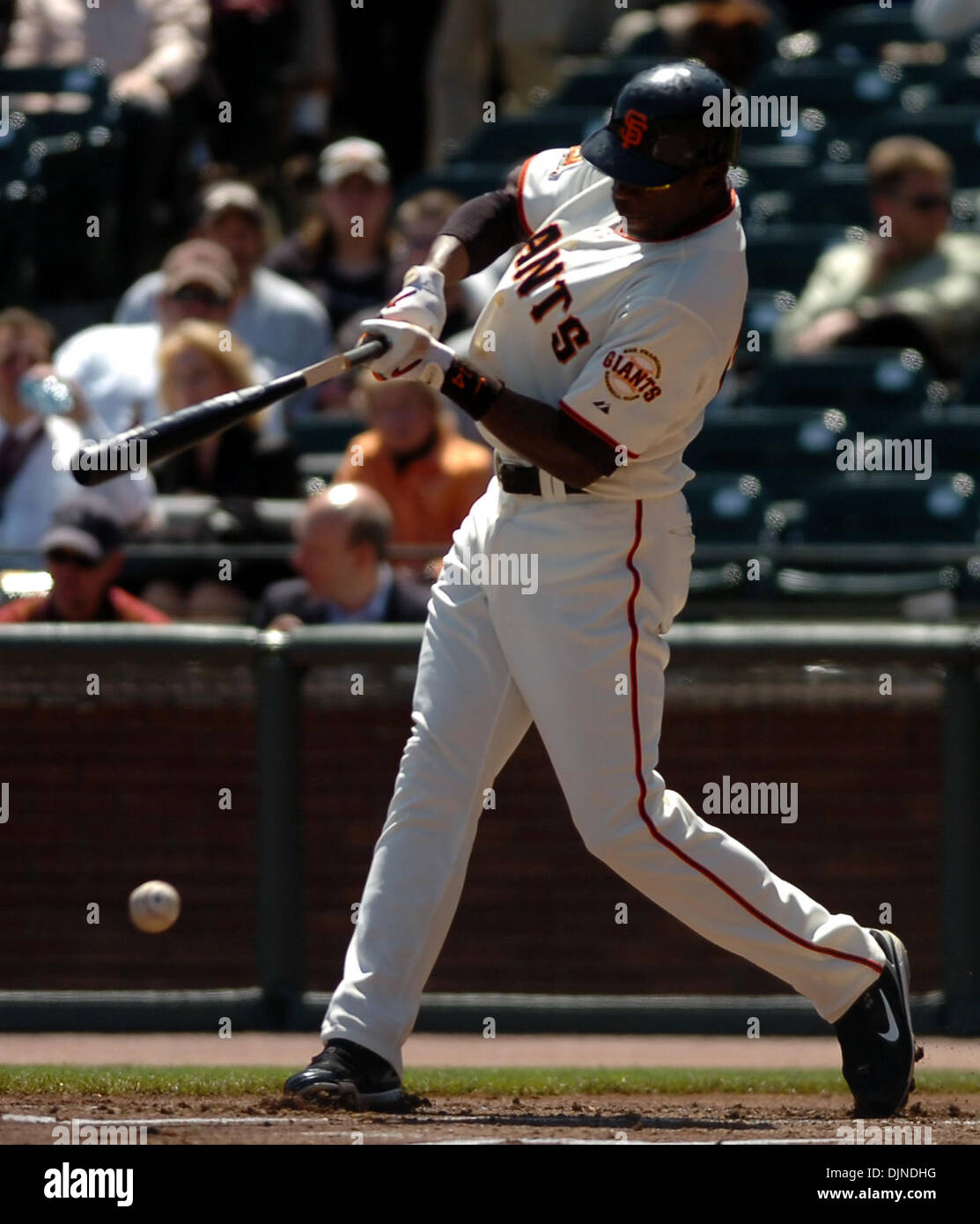 Giants hitter Fred Lewis breaks his bat on a ground ball in a game ...