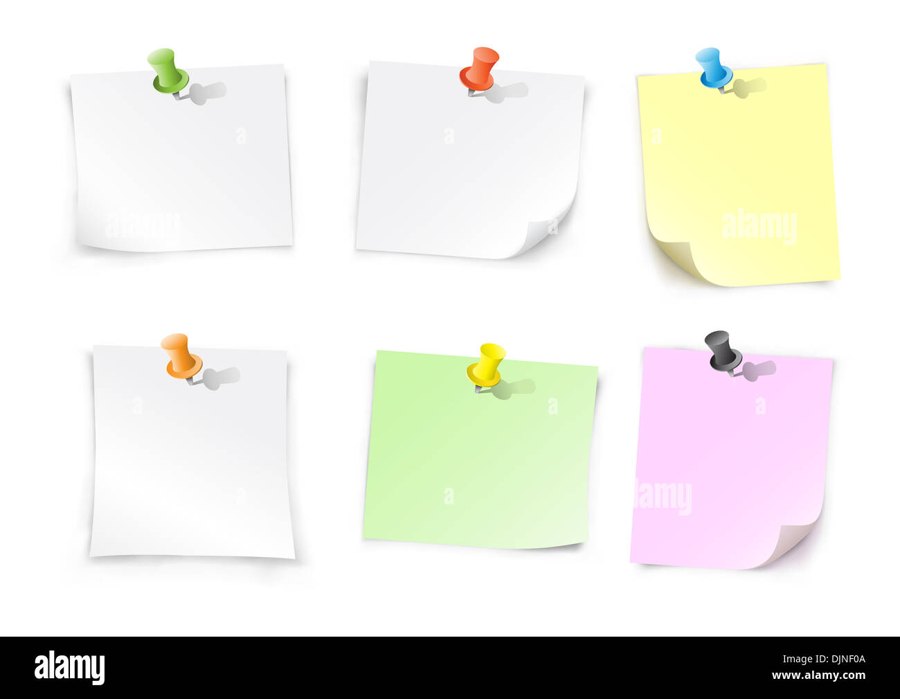 The different papers and push pins on the white background Stock Photo ...
