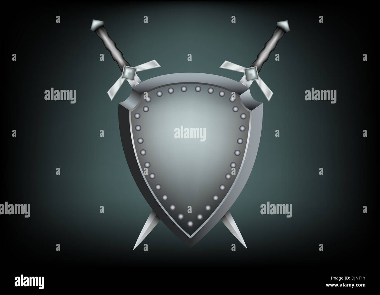 The safety shield and warrior swords on the dark background Stock Photo ...