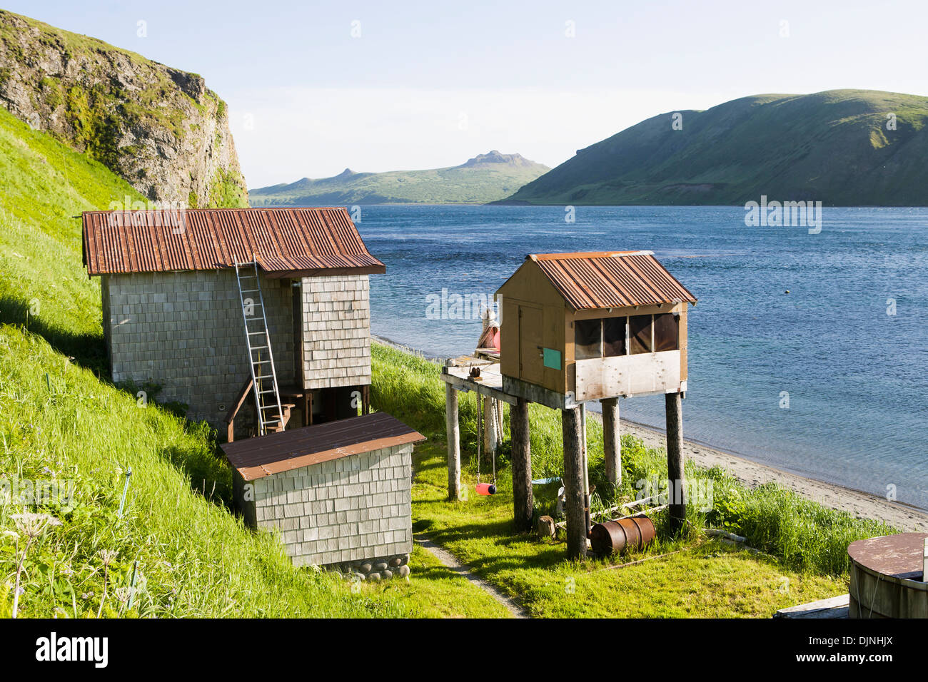 Outbuildings At Fishcamp In False Pass, Southwest Alaska, Summer Stock ...