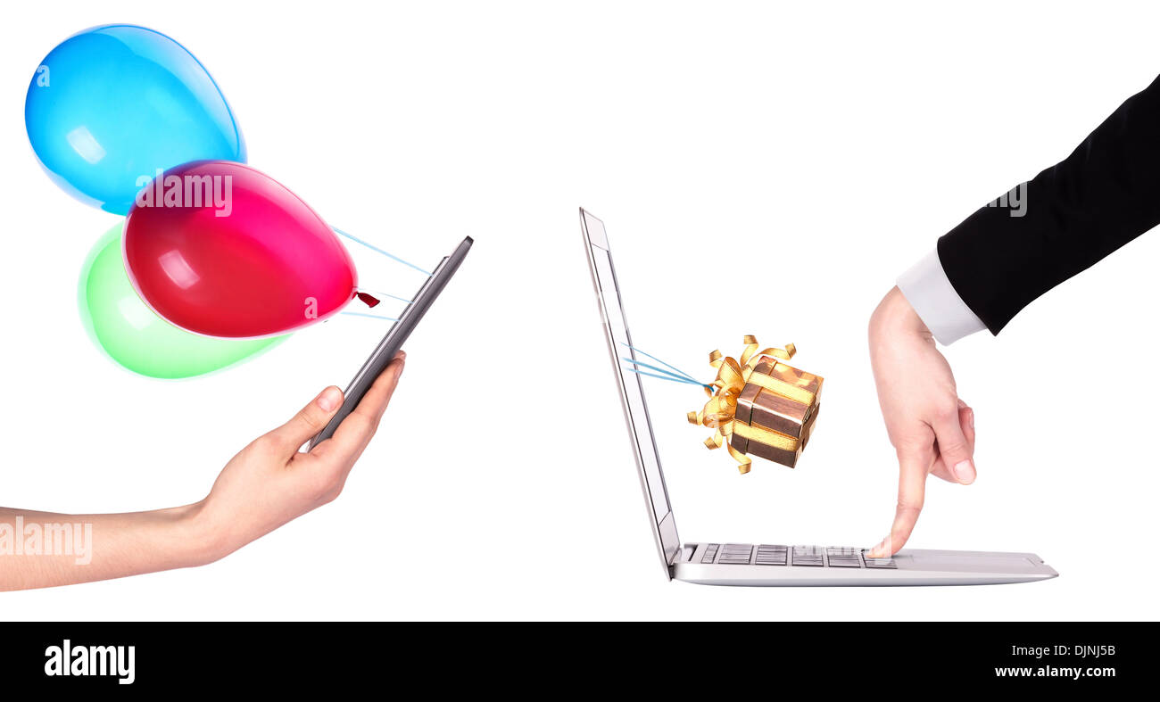 hand with a gift and balloon come out from a screen of a laptop to ...