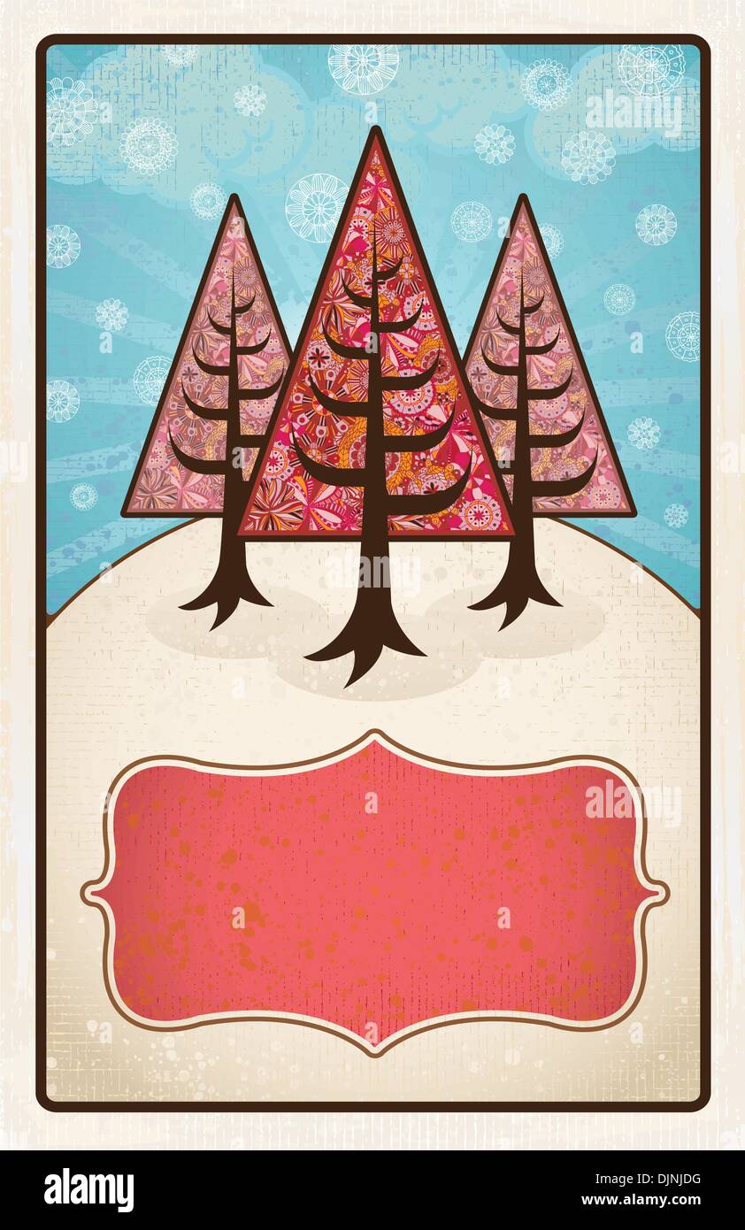 Three trees filled with retro florals on textured background with blank ...
