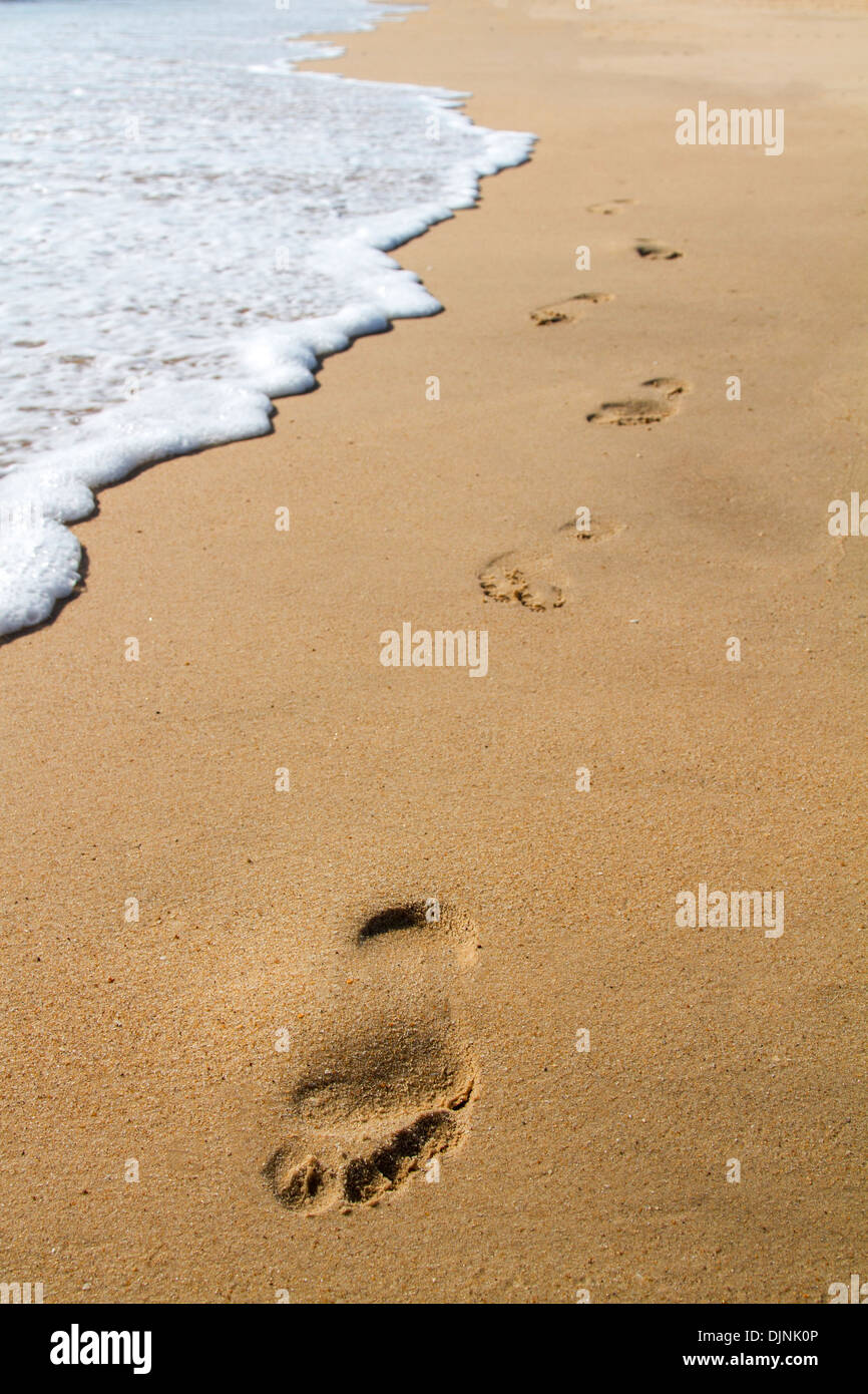 Close up view of a wave in the shoreline erasing footprints Stock Photo ...