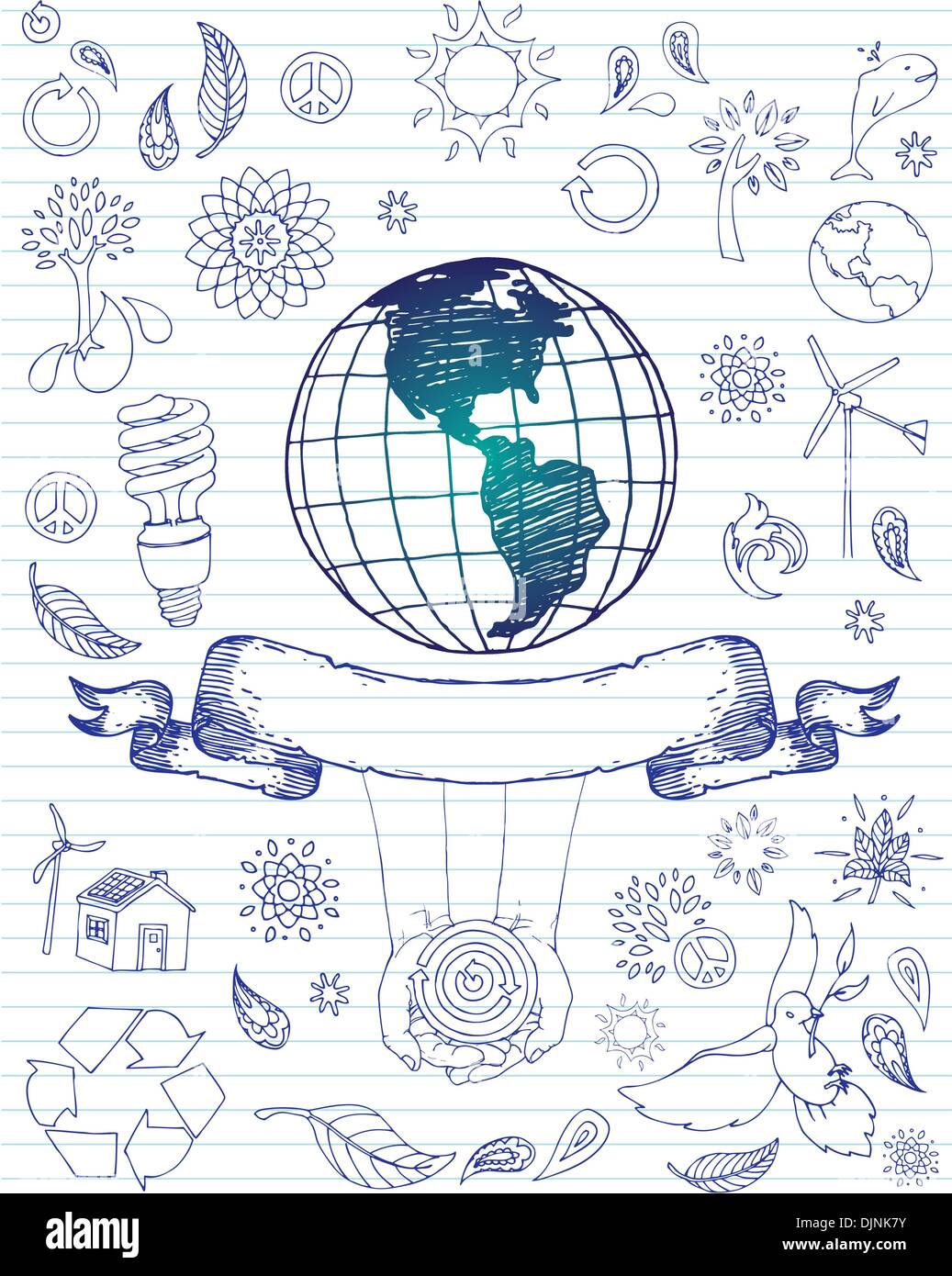 Selection of earth friendly doodles on lined paper Stock Vector Image ...