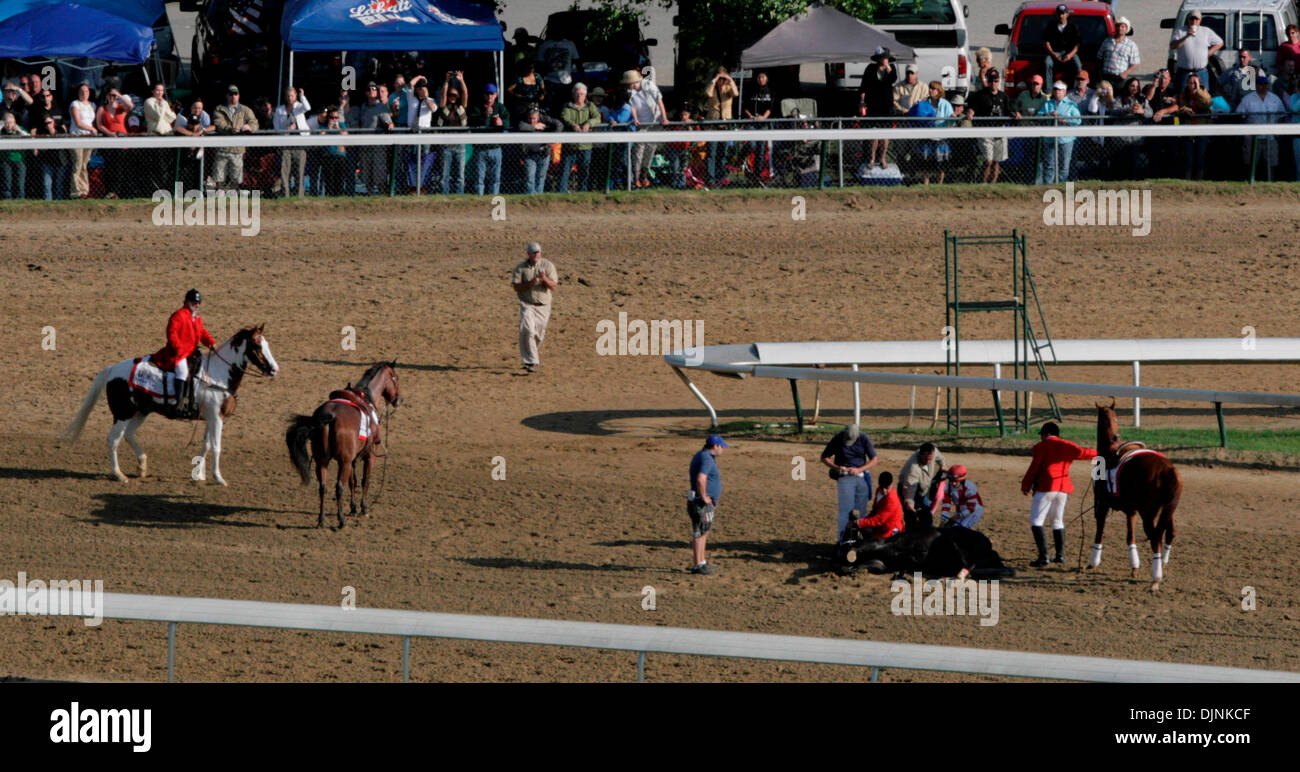 Eight Belles is tended to after breaking down after the finish of the ...