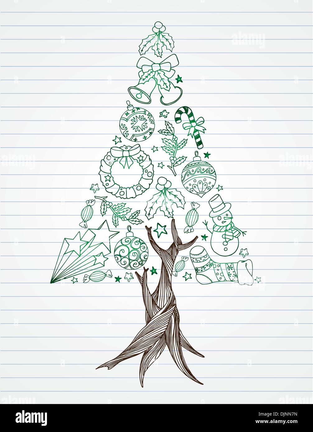 Pine tree made of Christmas doodles on lined paper Stock Vector Image ...