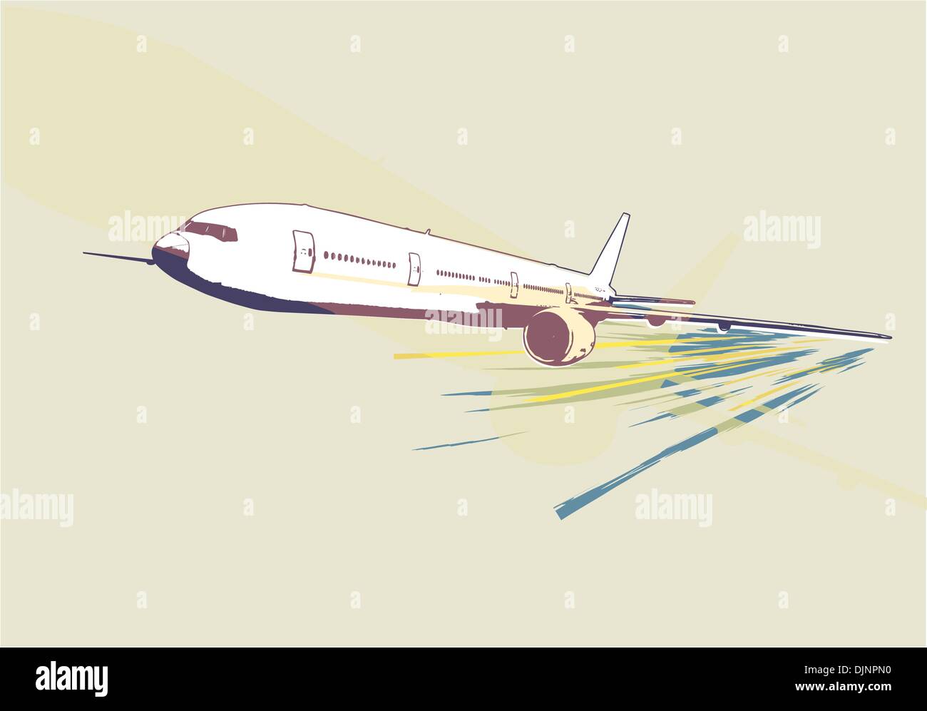 A vector illustration of a detailed airplane flying above the land ...