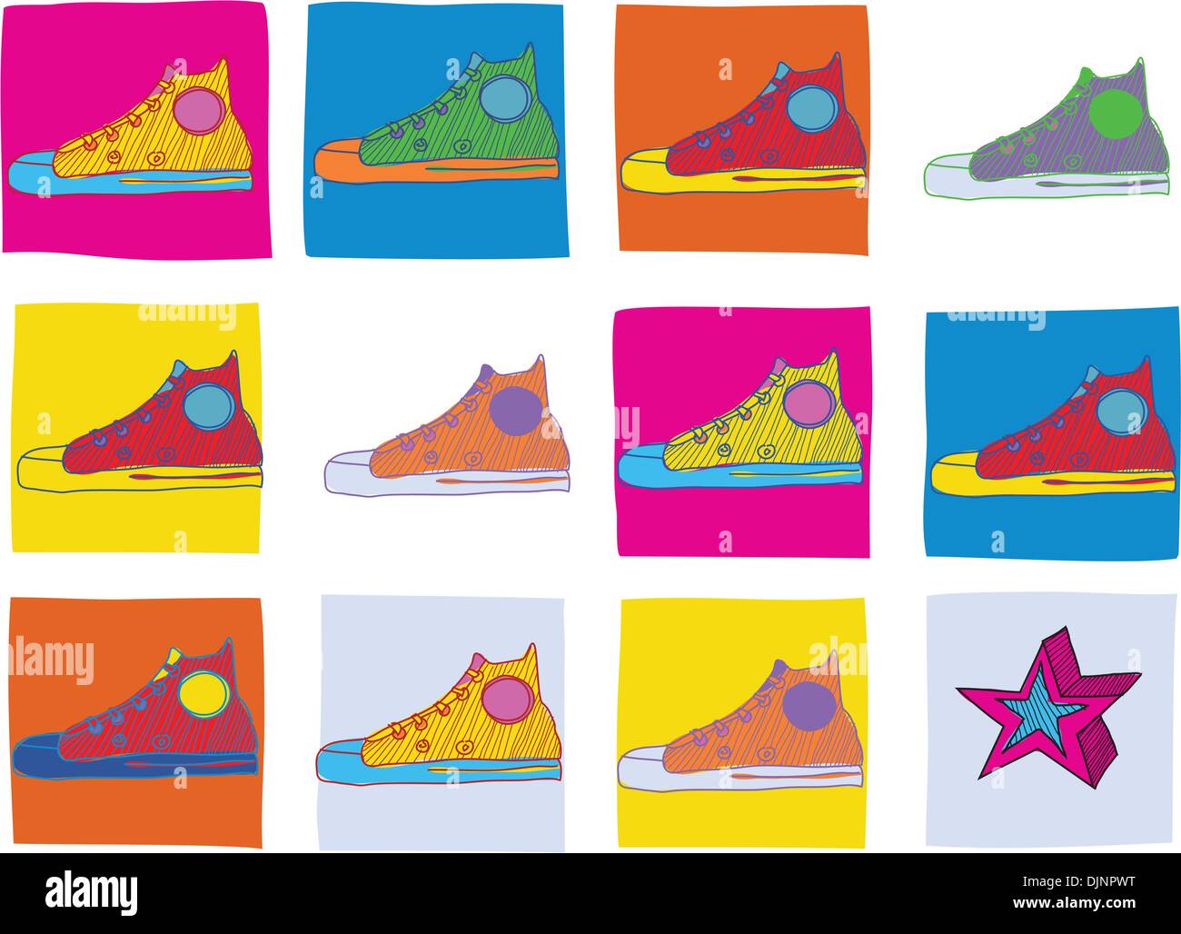 Pattern made of cool hand-drawn sport shoes in different colors. Vector ...