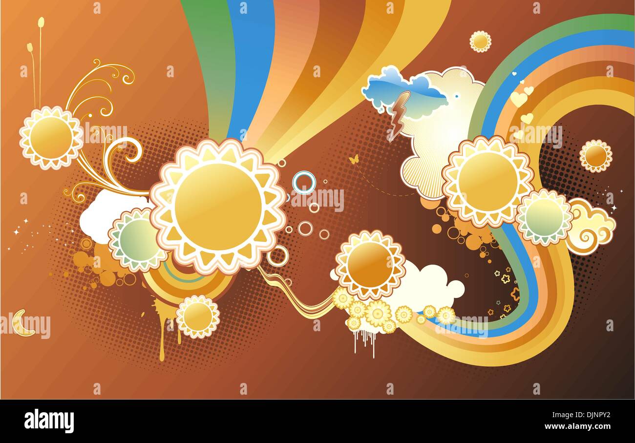 Vector illustration of funky styled design background made of sun ...