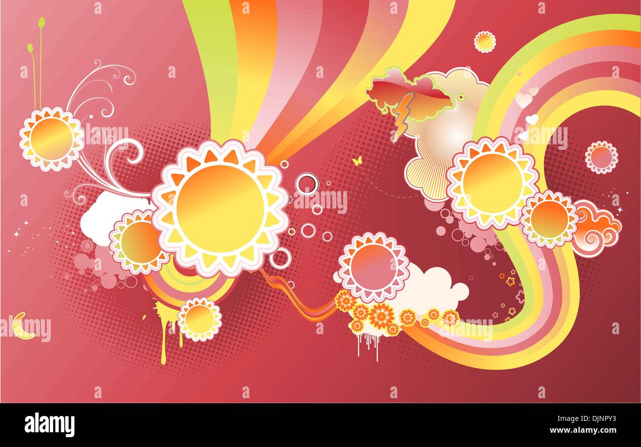 Vector illustration of funky styled design background made of sun ...