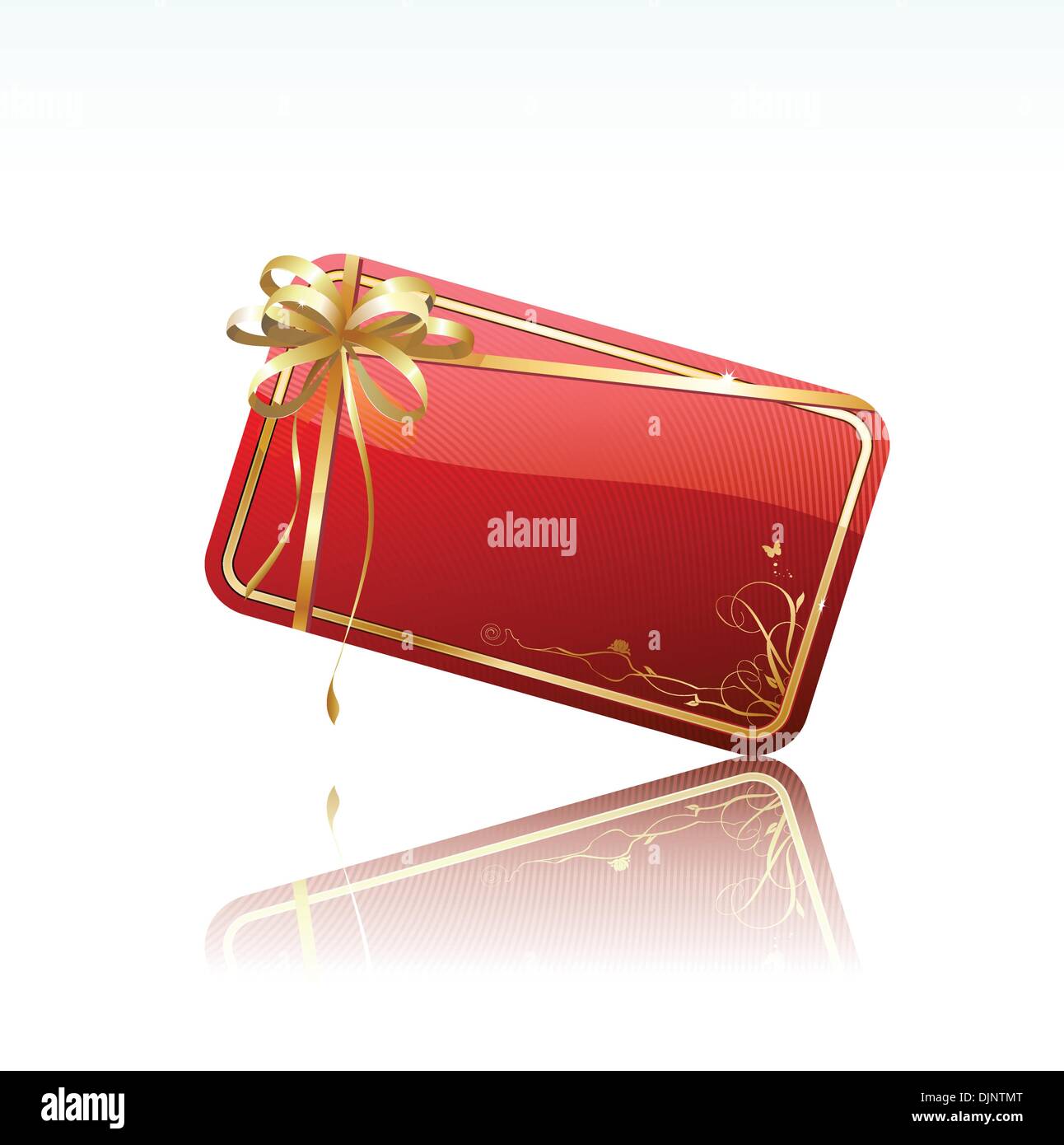 Vector illustration of red decorated gift card with golden ribbon and ...