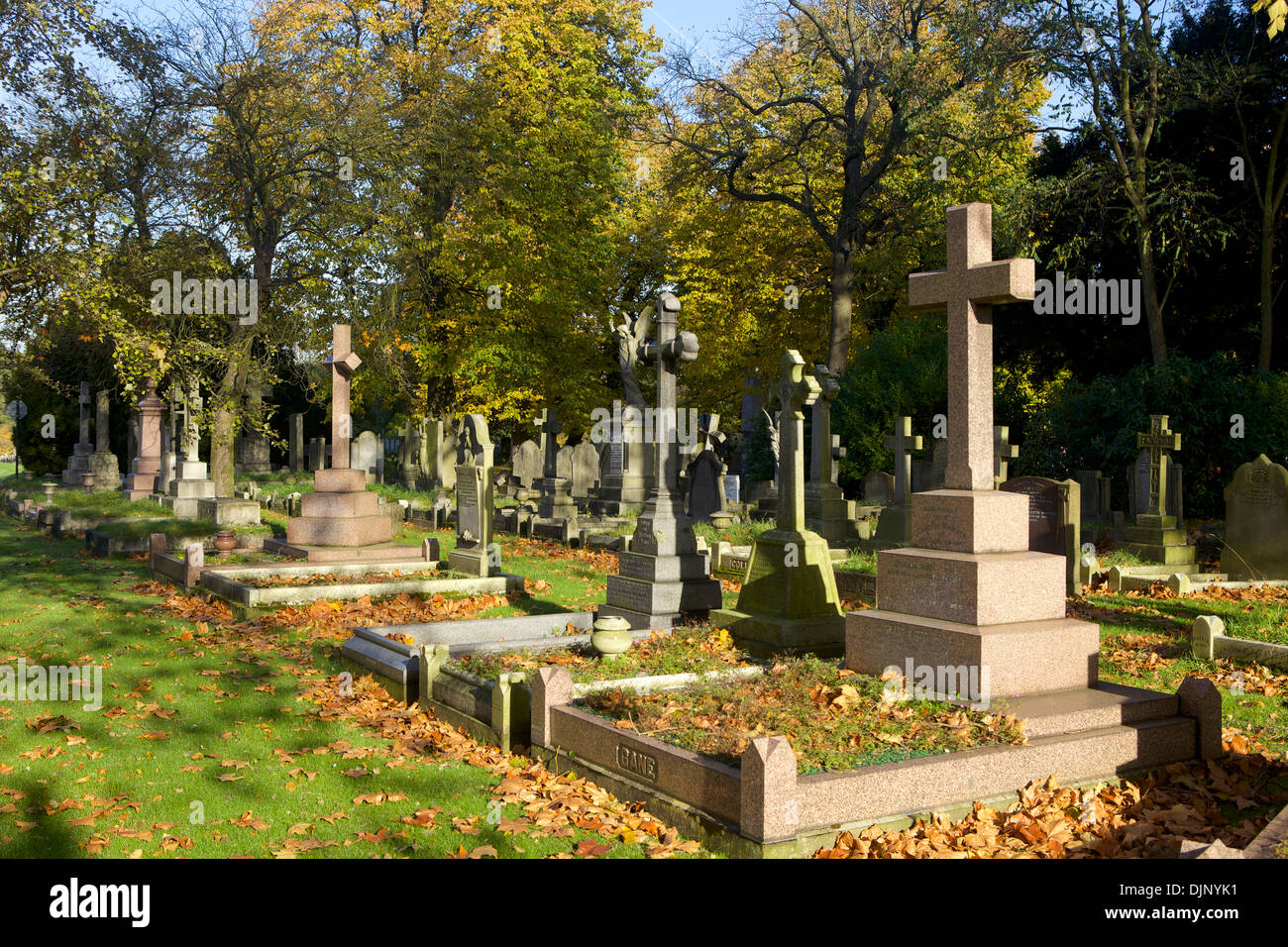 Grave stones on Sunny autumn day at the City of London Cemetery, London ...