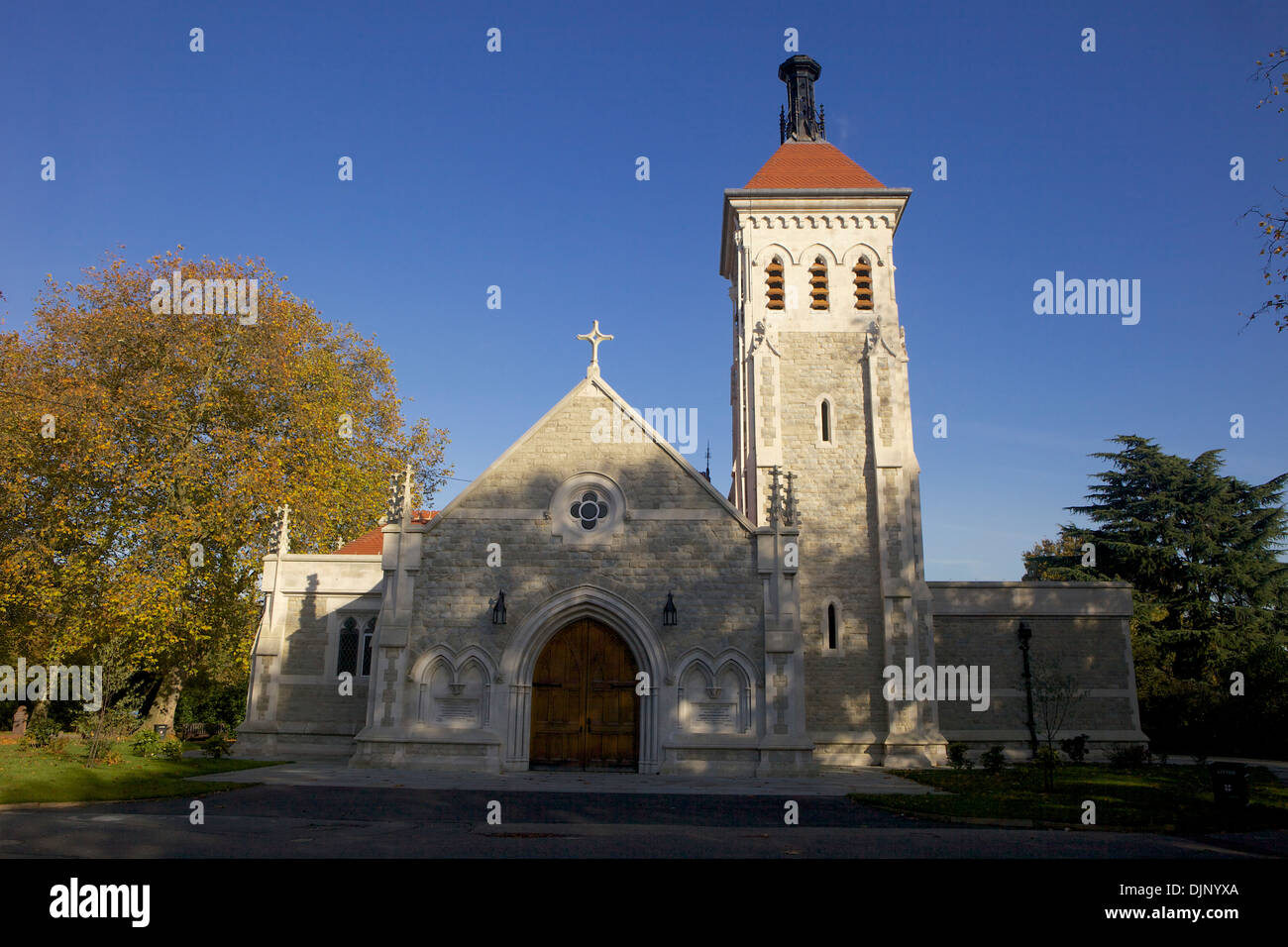 Chapel on a sunny autumn day at the City of London Cemetery, London, UK ...