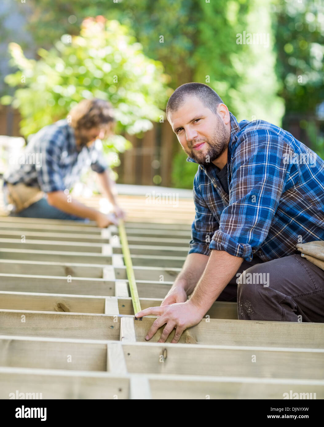 Carpenter Measuring Wood With Tape While Coworker Helping Him Stock ...