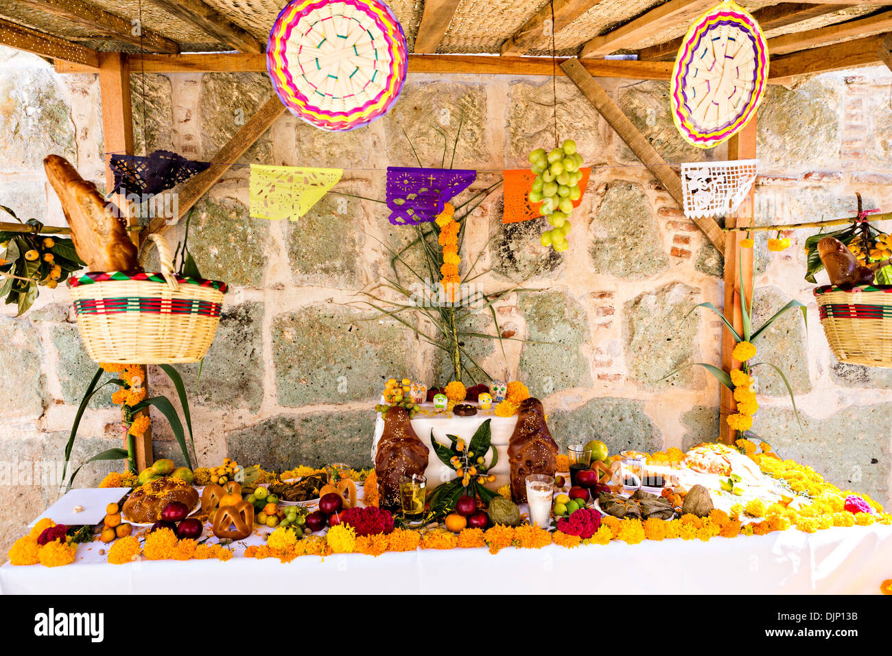 An altar or ofrendas set up to celebrate the Day of the Dead festival ...