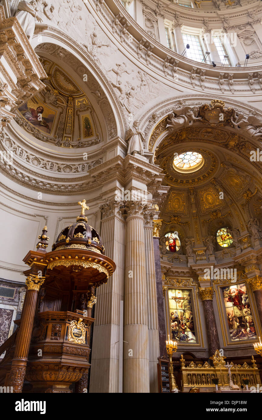 Ornate wood and gold pulpit in the Berlin Cathedral or Berliner Dom ...