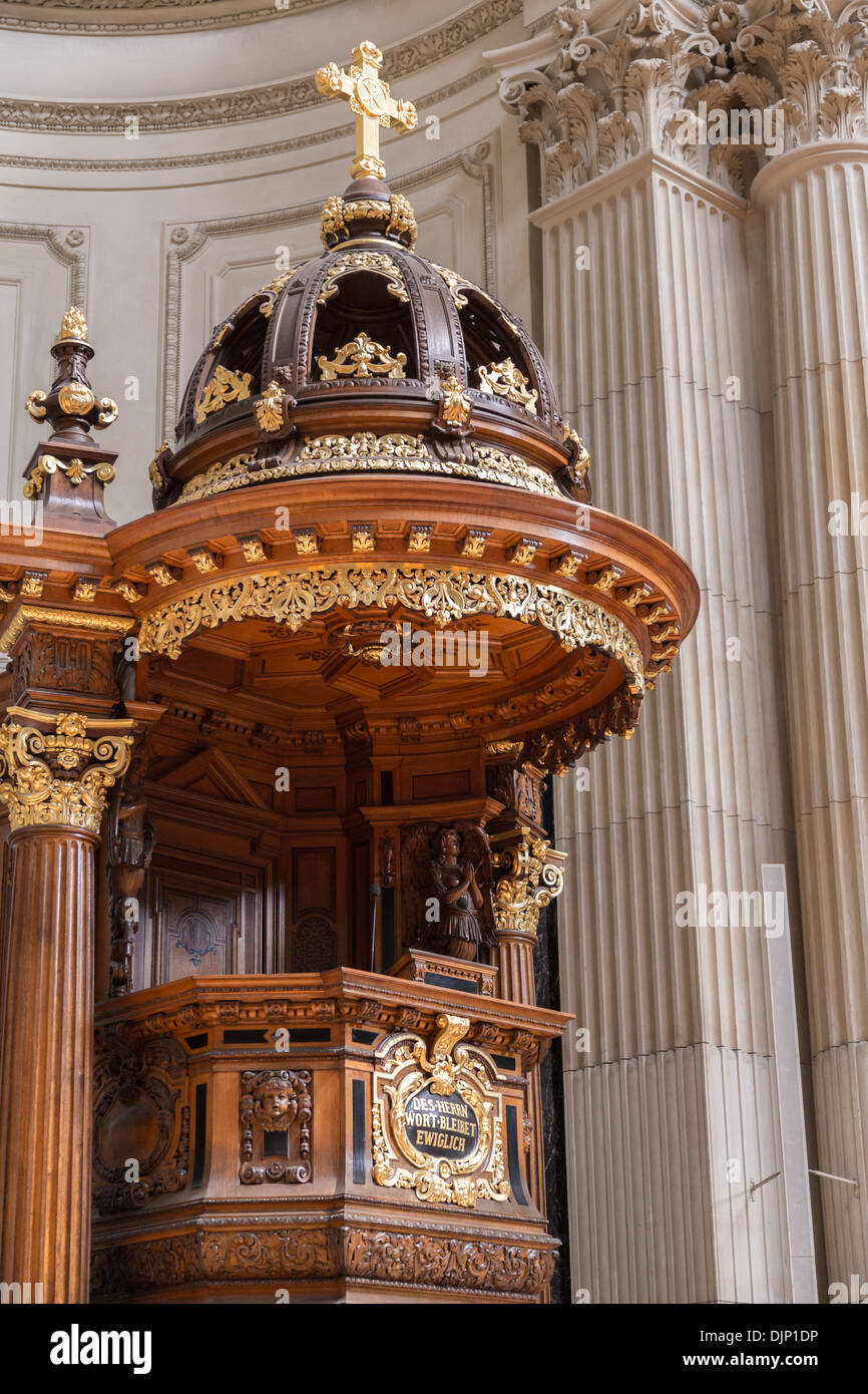 Ornate wood and gold pulpit in the Berlin Cathedral or Berliner Dom ...