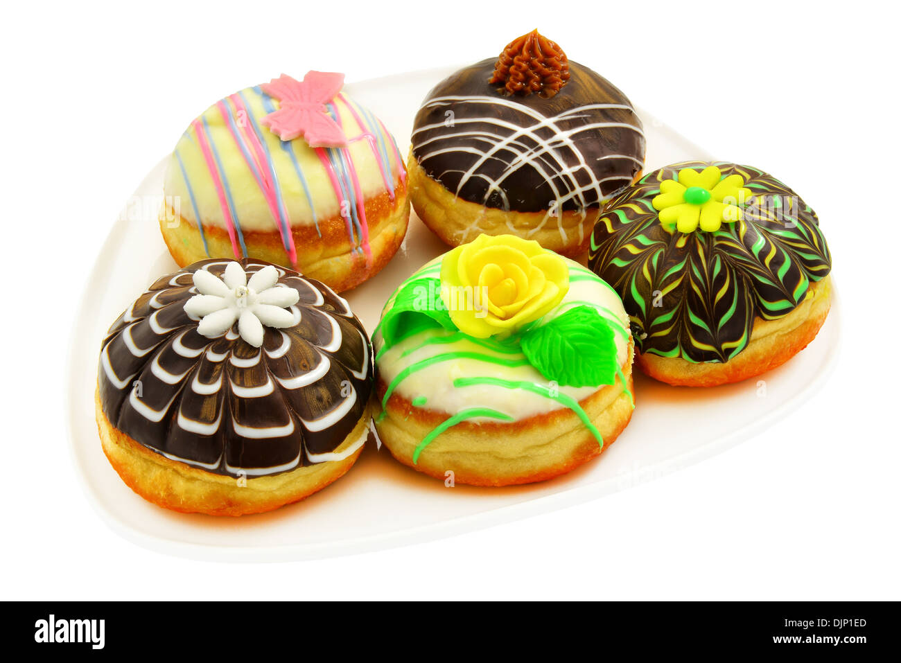 Five beautiful donuts on a white background. Festive donuts Stock Photo ...