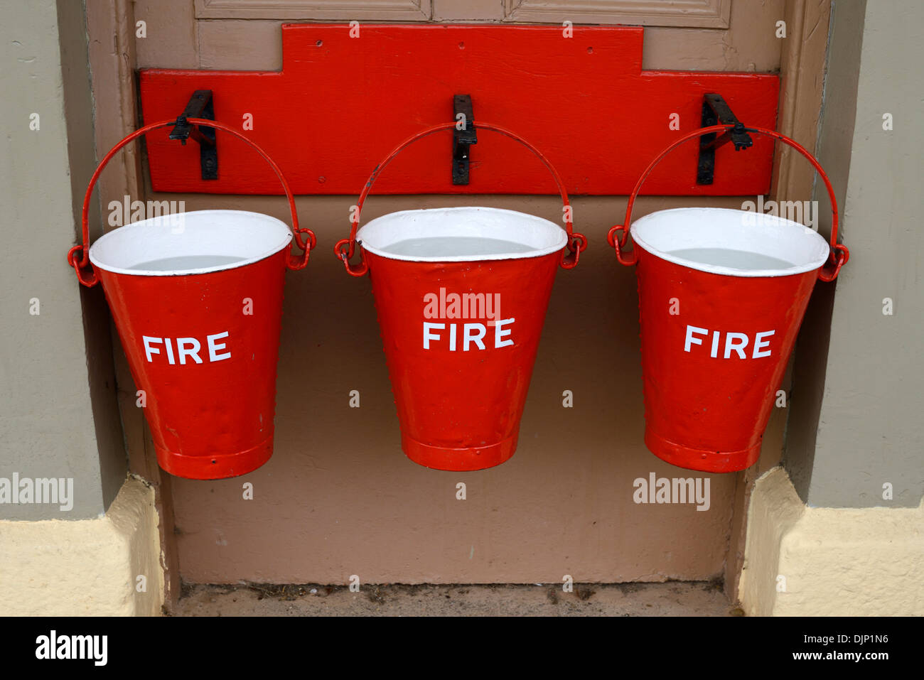 Close-up of Red Fire Buckets filled with Water on Platform 1 at ...