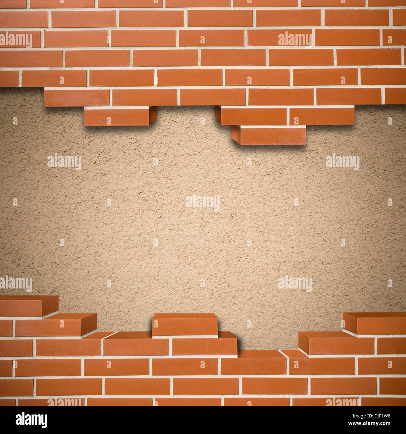 Broken red brickwall with pink mortar wall in the background Stock ...