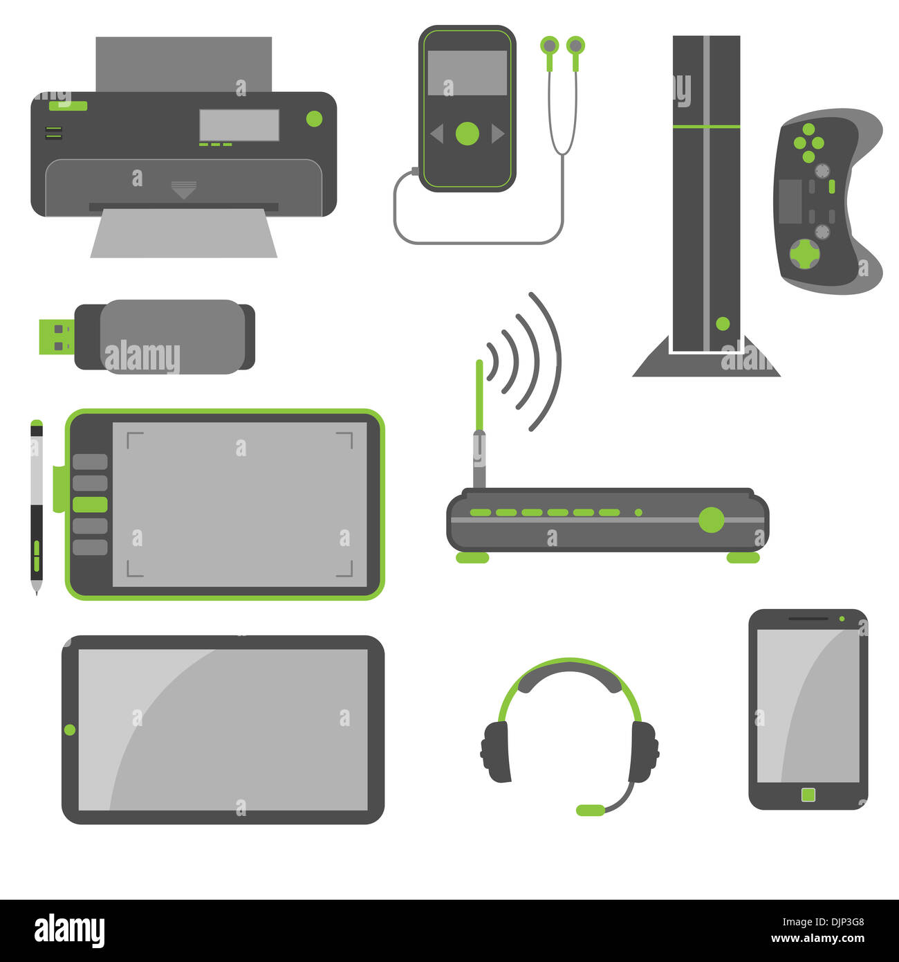 Simple and stylish computer devices icons in green and gray colors ...