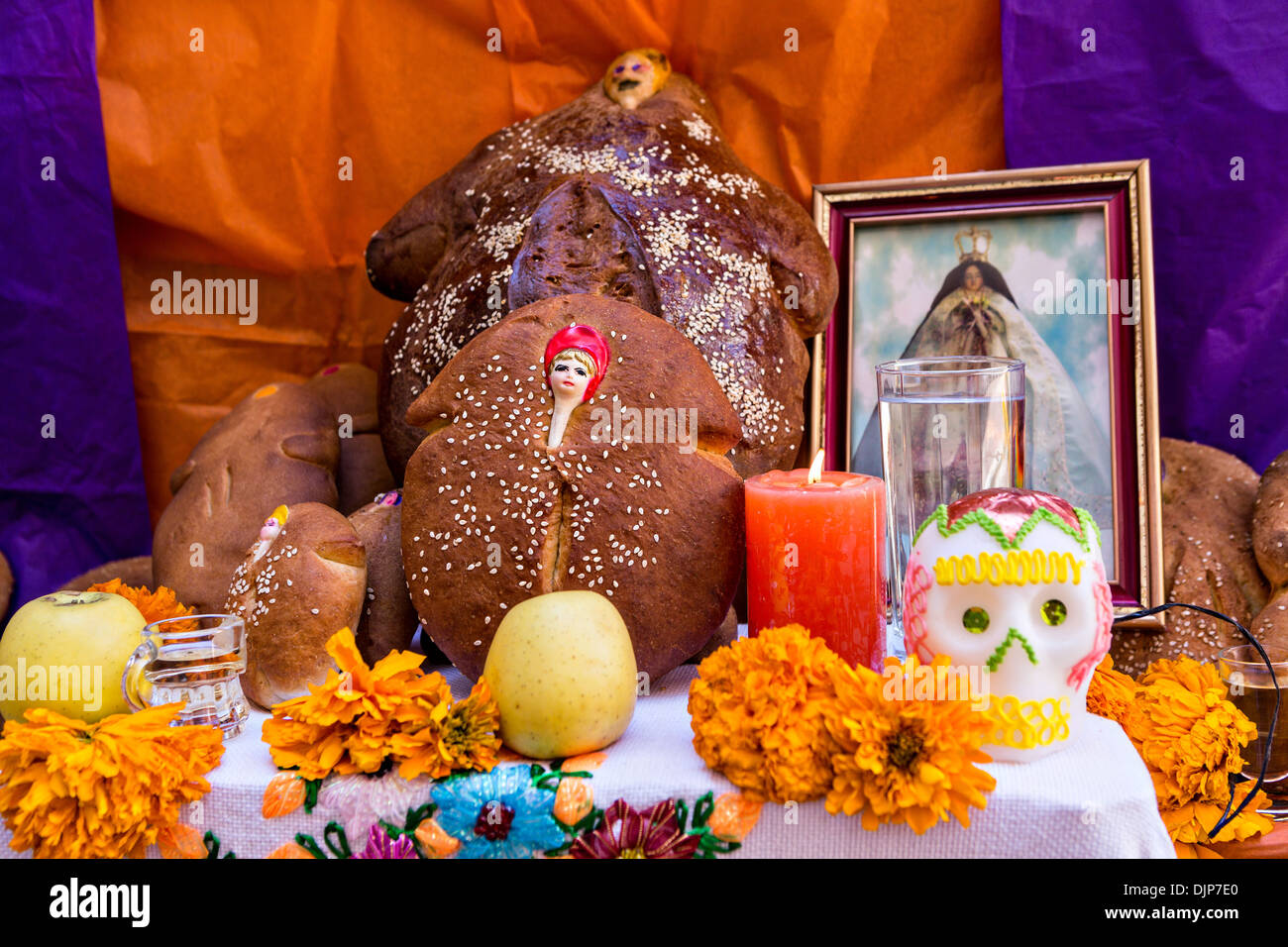 An altar or ofrendas set up to celebrate the Day of the Dead festival ...