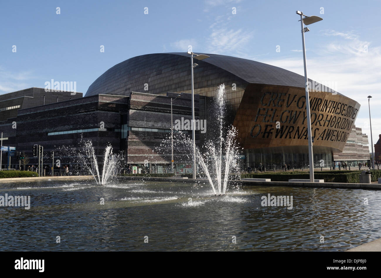 Cardiff Millennium Centre in Cardiff Bay with Fountains, Wales UK Stock ...